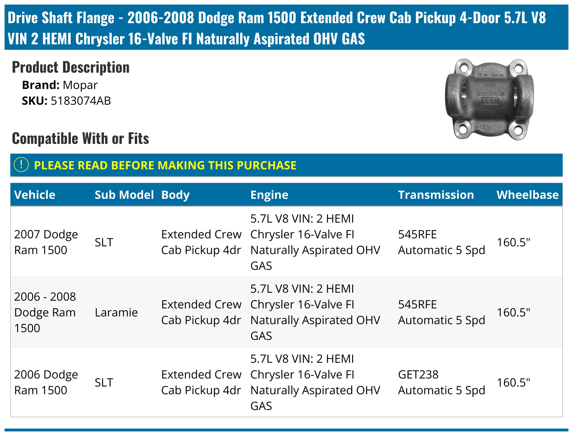 2006-2008 Dodge Ram 1500 Drive Shaft Flange - Mopar 5183074AB ...