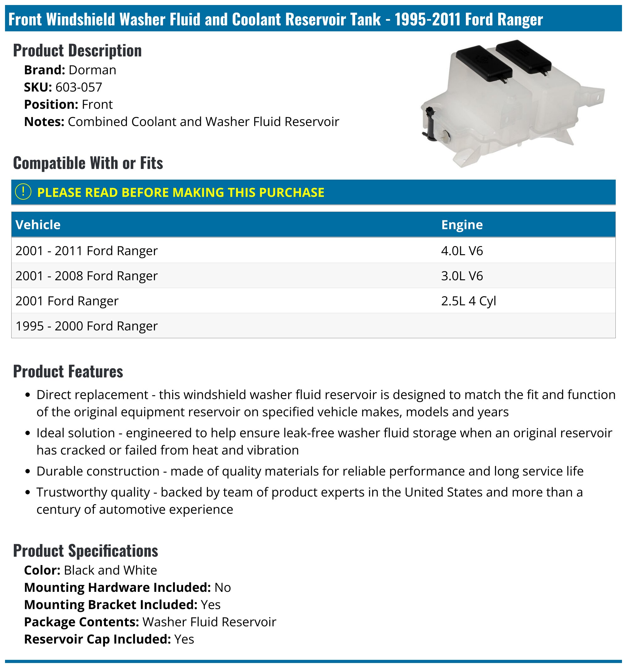 1997-2011 Ford Ranger Windshield Washer Tank - Dorman 603-057 - Front ...