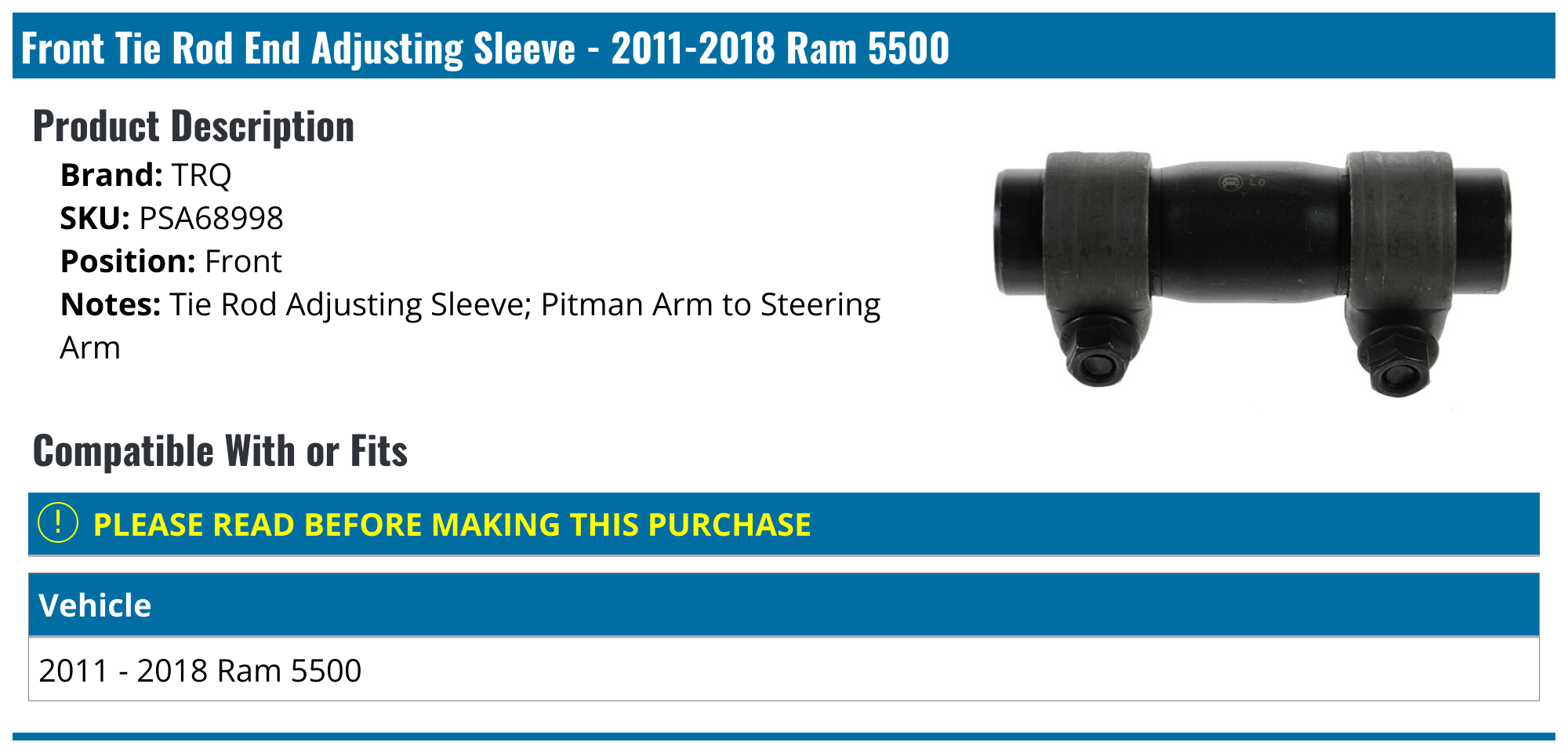2011-2018 Ram 5500 Tie Rod End Adjusting Sleeve - TRQ PSA68998 - Front ...