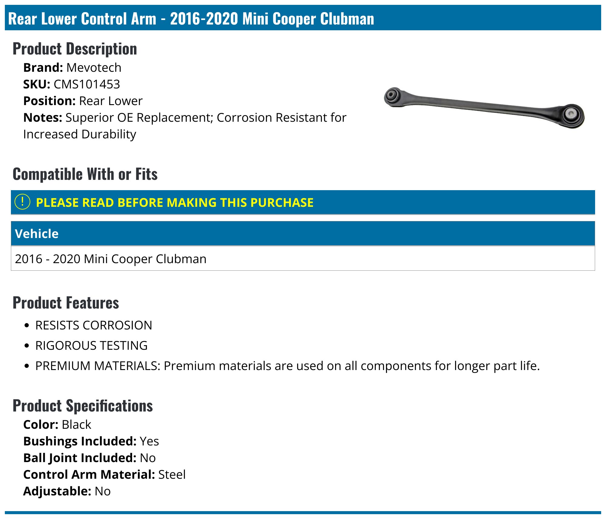 2016-2024 Mini Cooper Clubman Control Arm - Mevotech CMS101453 - Rear ...