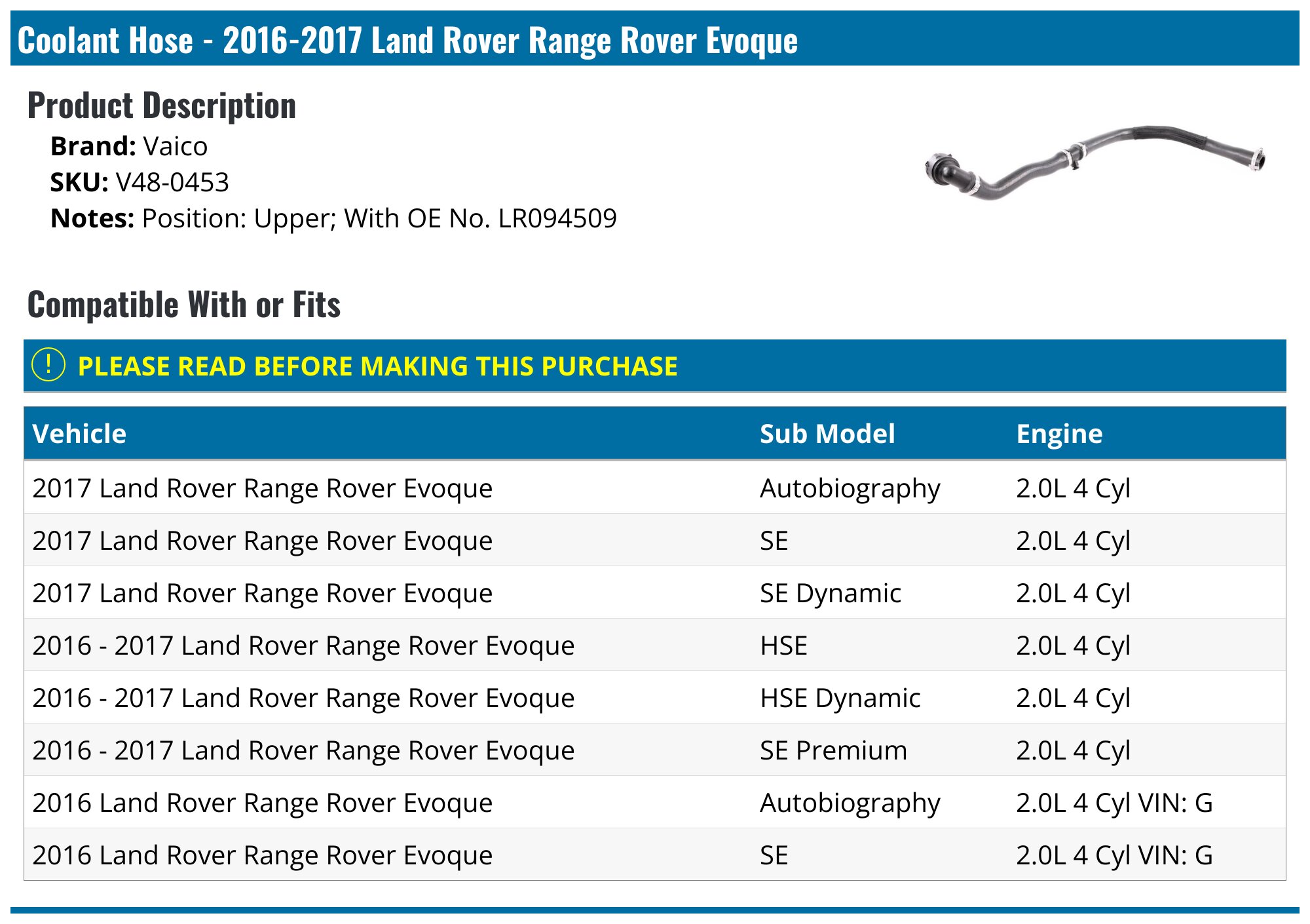 2016-2017 Land Rover Range Rover Evoque Coolant Hose - Vaico V48-0453 ...