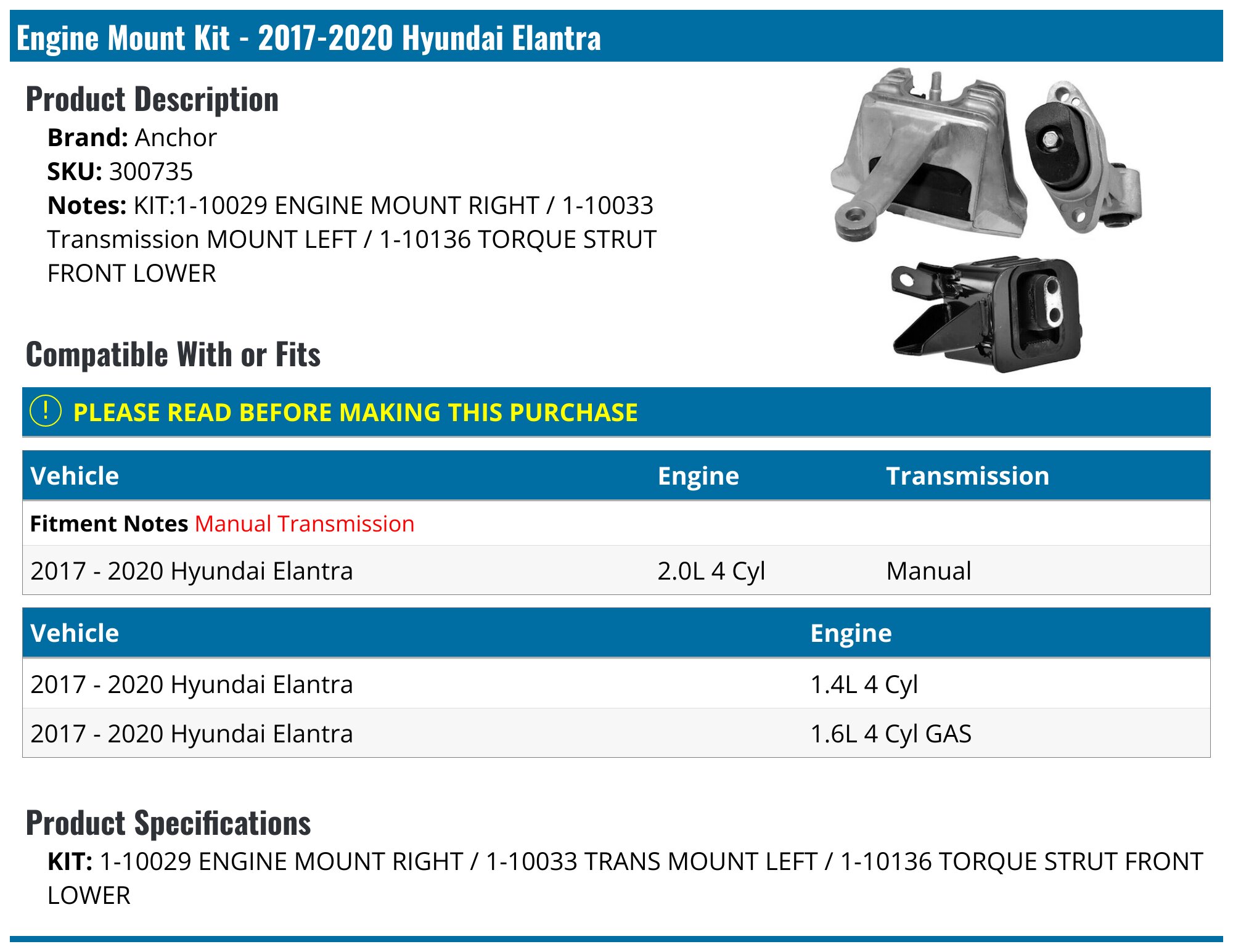 2017-2020 Hyundai Elantra Engine Mount - Anchor 300735 - PartsGeek.com