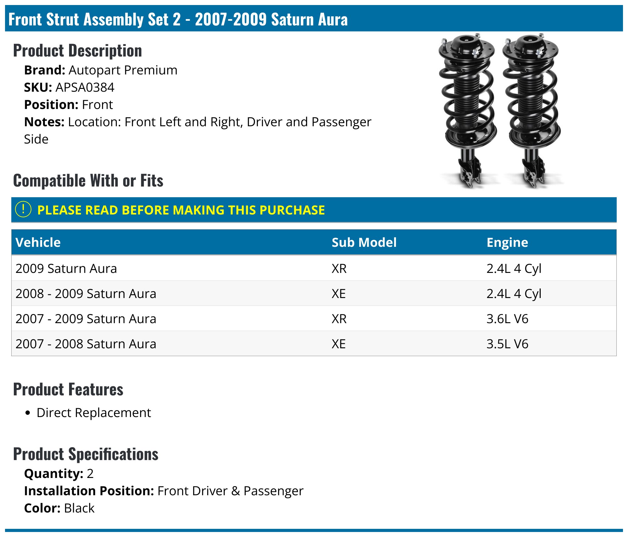 2007-2009 Saturn Aura Strut Assembly - Autopart Premium APSA0384 ...