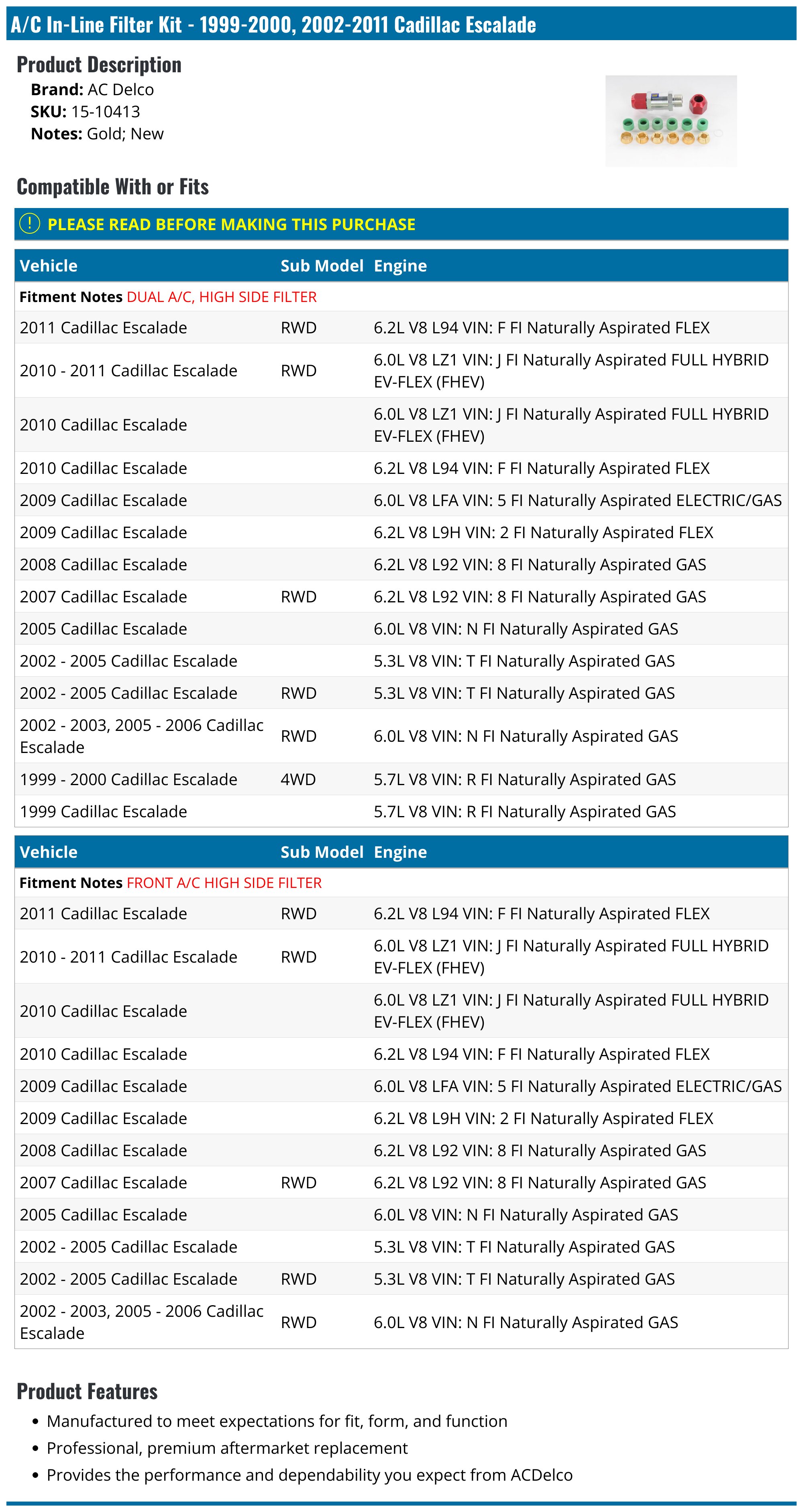 1999-2000, 2002-2011 Cadillac Escalade A/C In-Line Filter Kit - AC ...