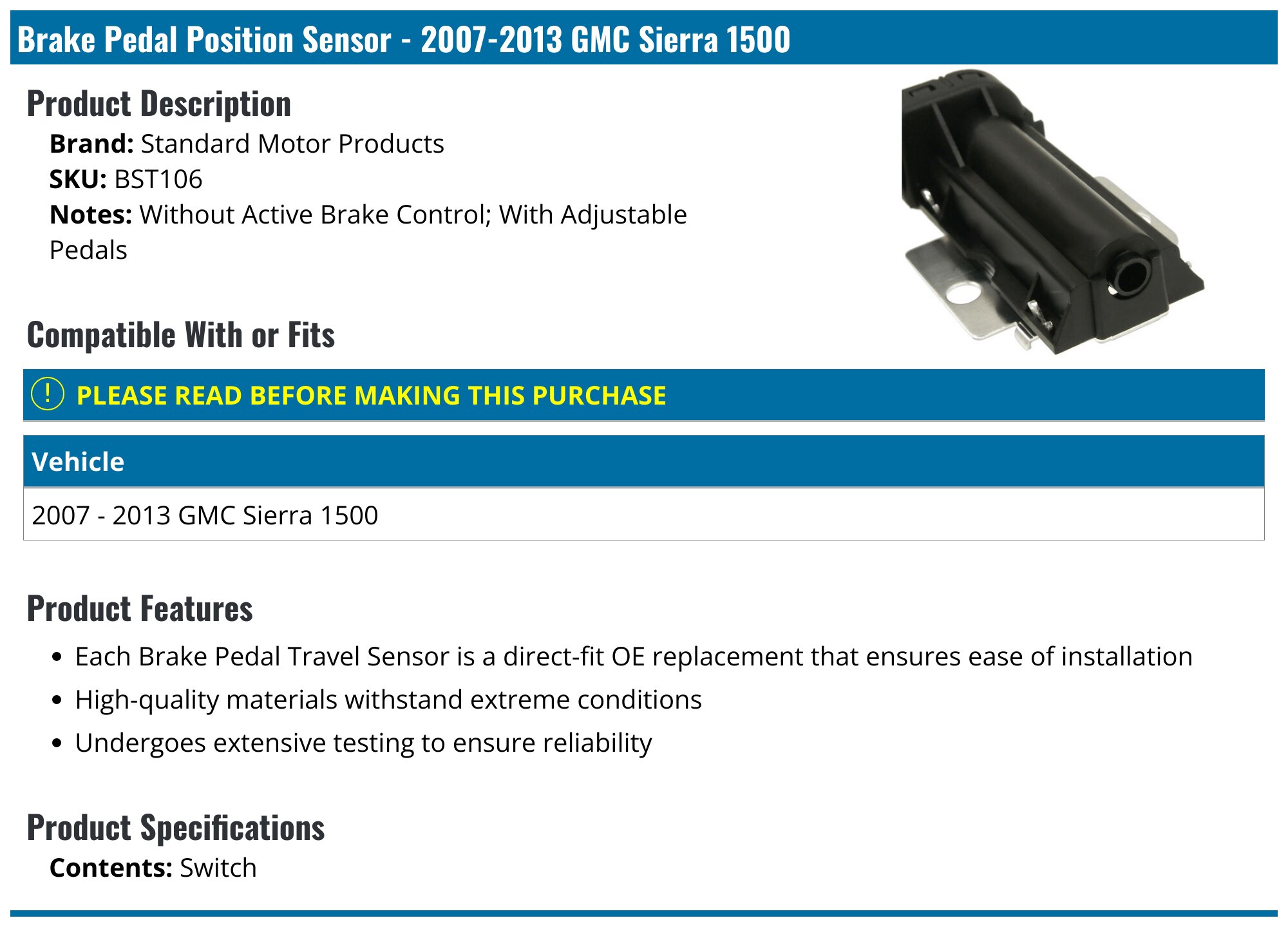 2007-2013 GMC Sierra 1500 Brake Pedal Position Sensor - Standard Motor ...