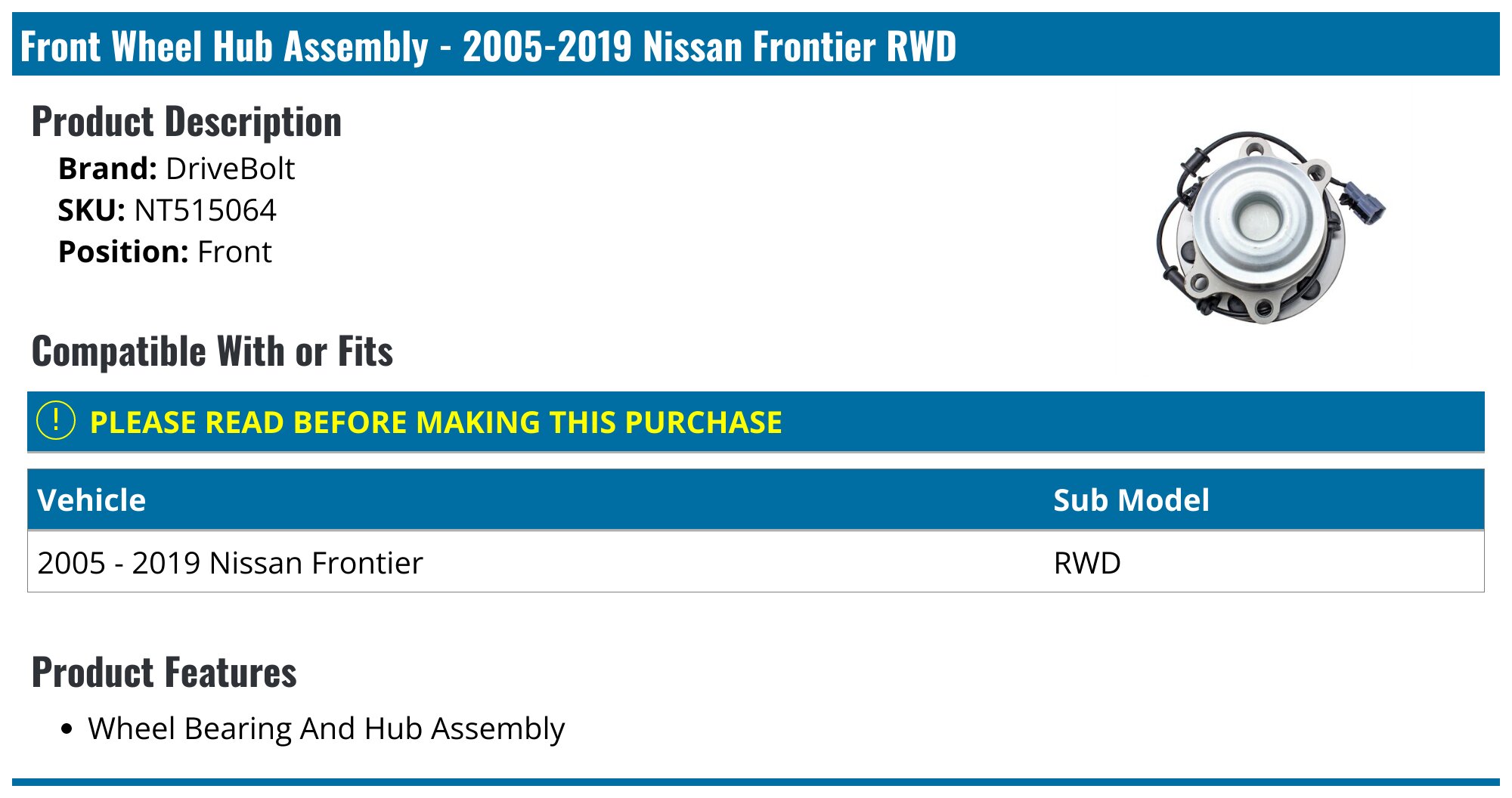 2005-2019 Nissan Frontier Wheel Hub Assembly - DriveBolt NT515064 ...