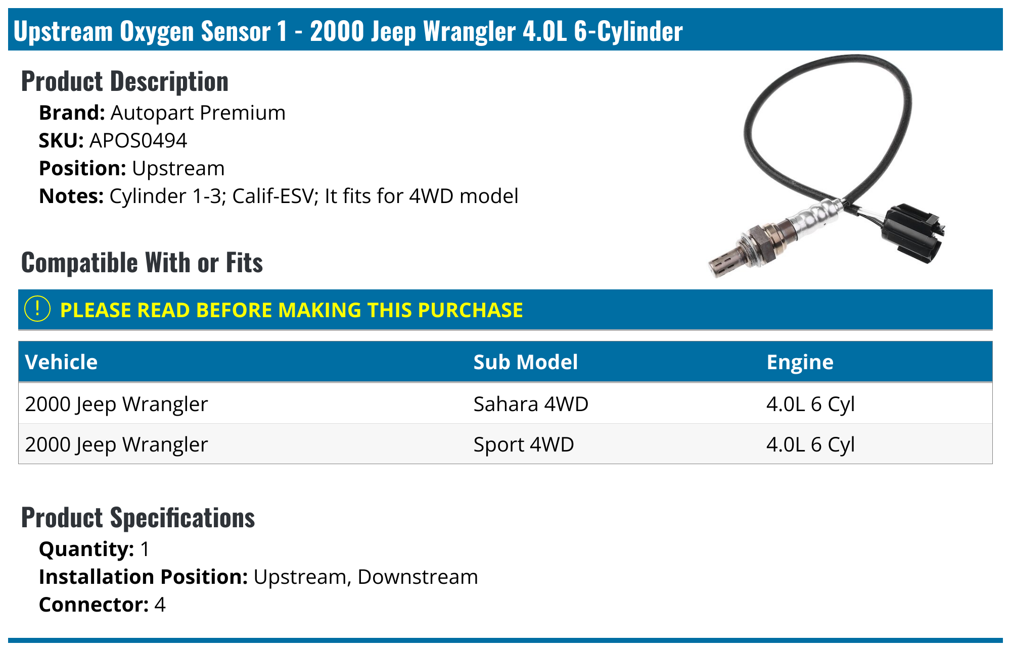 2000 Jeep Wrangler Oxygen Sensor - Autopart Premium APOS0494 - Upstream ...