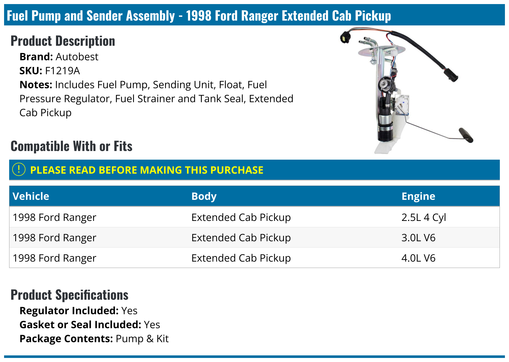 1998 Ford Ranger Fuel Pump - Autobest F1219A - PartsGeek.com