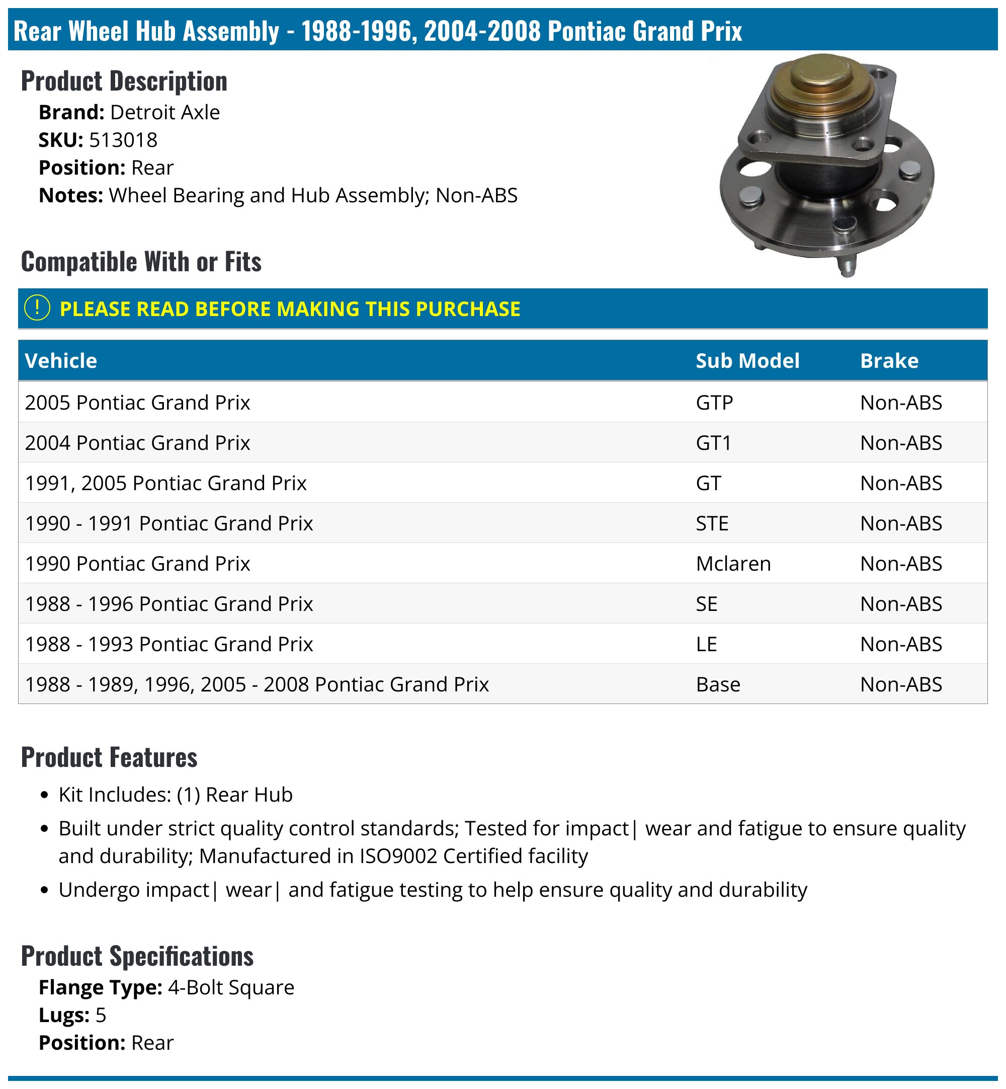1988-1996, 2004-2008 Pontiac Grand Prix Wheel Hub Assembly - Detroit ...