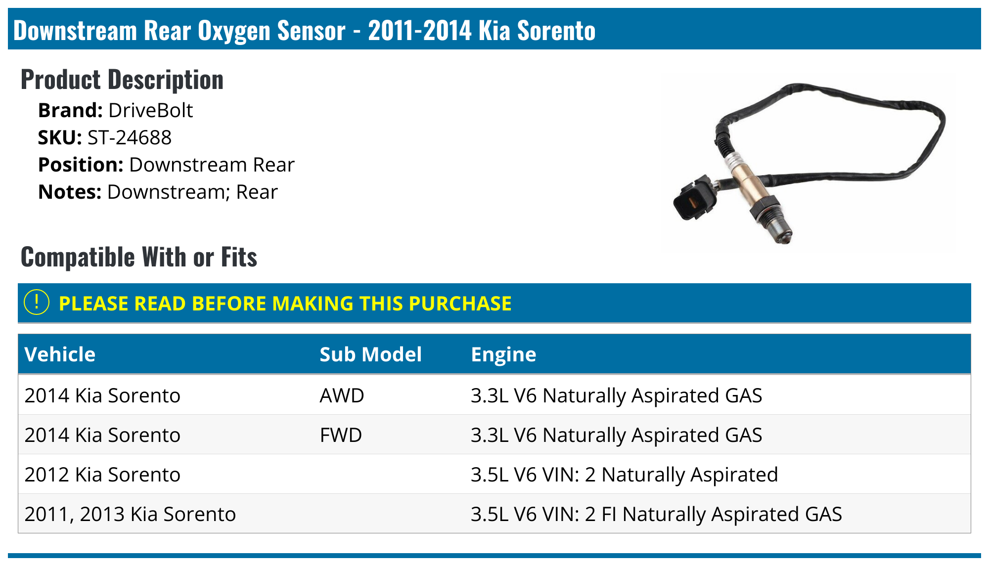 2011-2014 Kia Sorento Oxygen Sensor - DriveBolt ST-24688 - Downstream ...