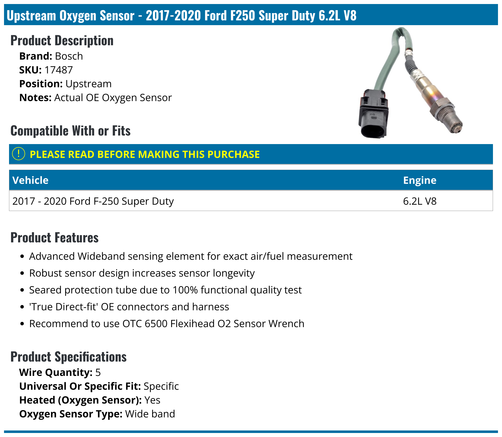 2017-2020 Ford F250 Super Duty Oxygen Sensor - Bosch 17487 - Upstream ...