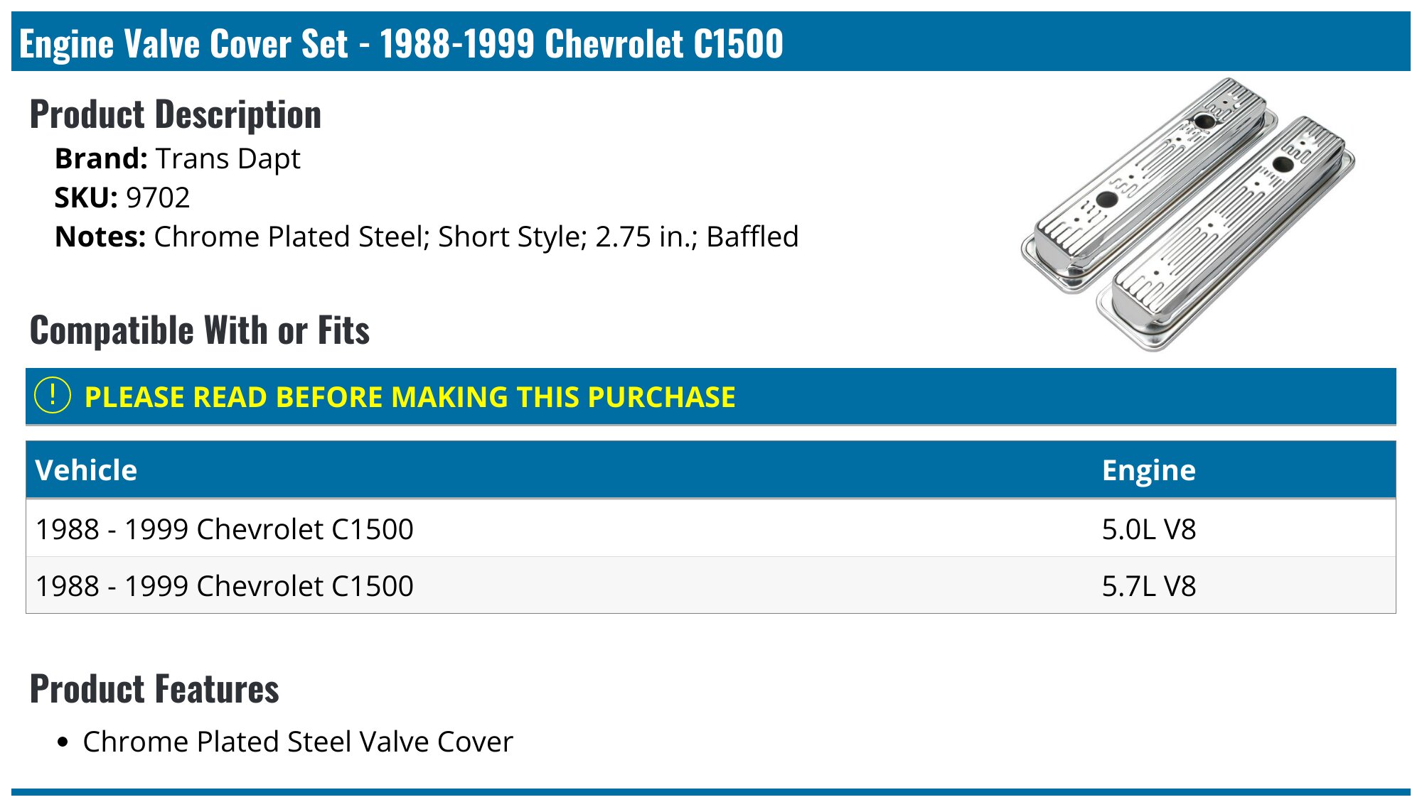 1988-1999 Chevrolet C1500 Valve Cover - Trans Dapt 9702 - PartsGeek.com