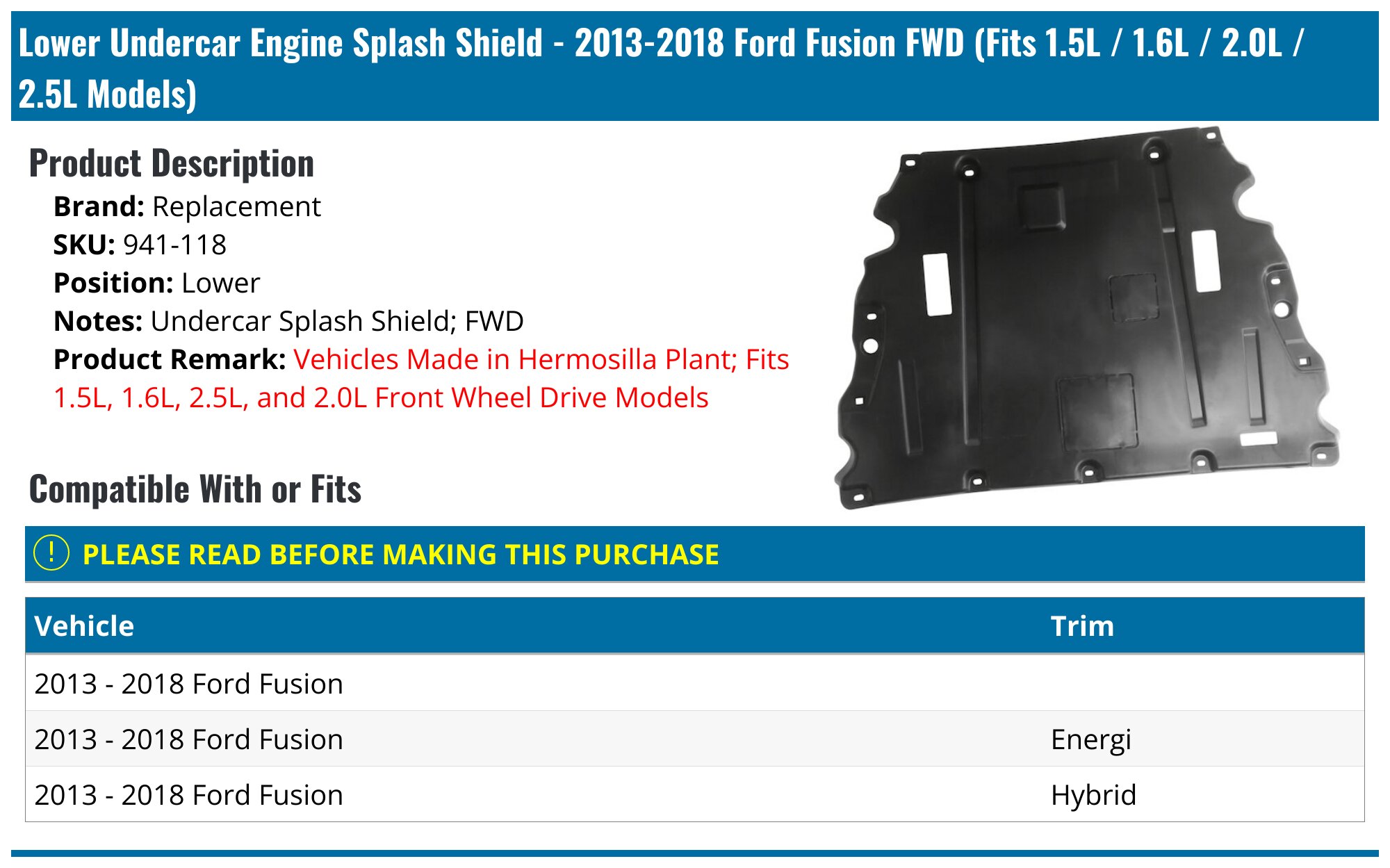 Ford Fusion Skid Plate - Engine Cover - Action Crash Replacement ...