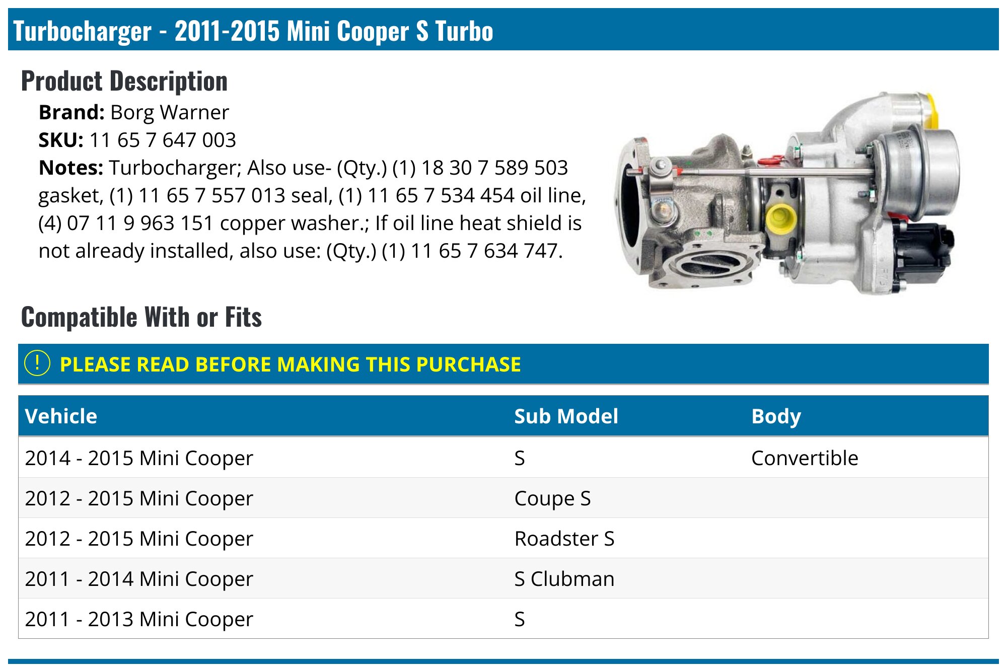 2011-2015 Mini Cooper Turbocharger - Borg Warner 11 65 7 647 003 ...