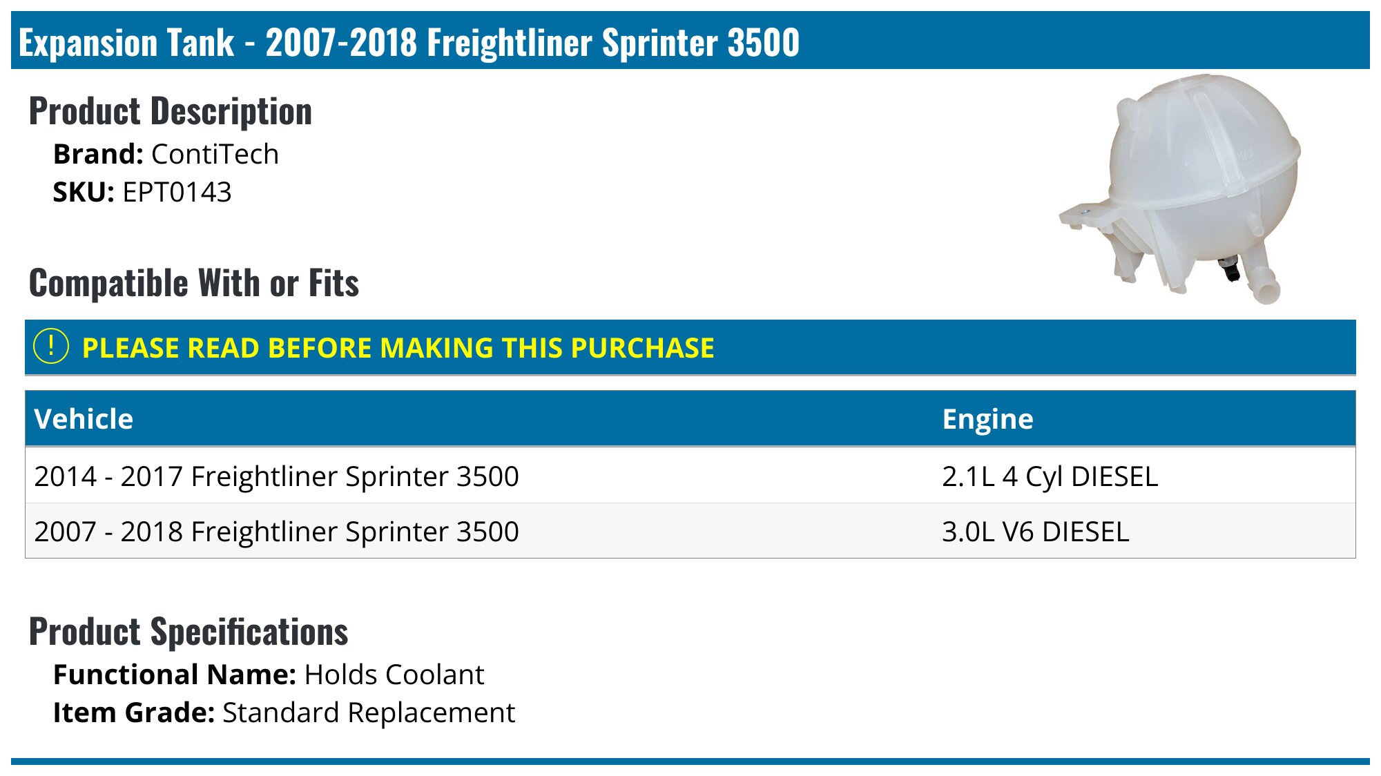 2007-2018 Freightliner Sprinter 3500 Expansion Tank - ContiTech EPT0143 ...