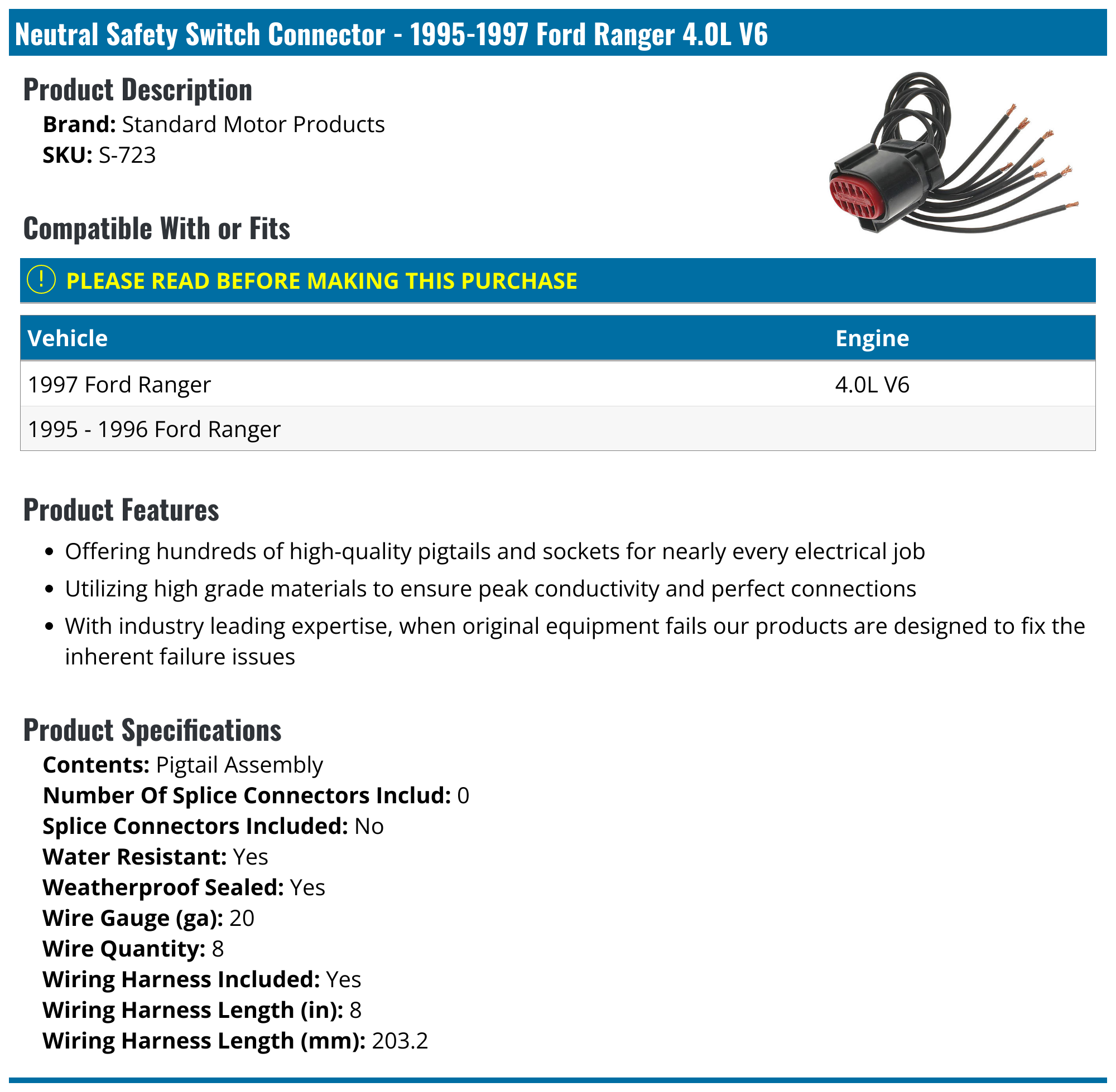 1995-1997 Ford Ranger Neutral Safety Switch Connector - Standard Motor ...