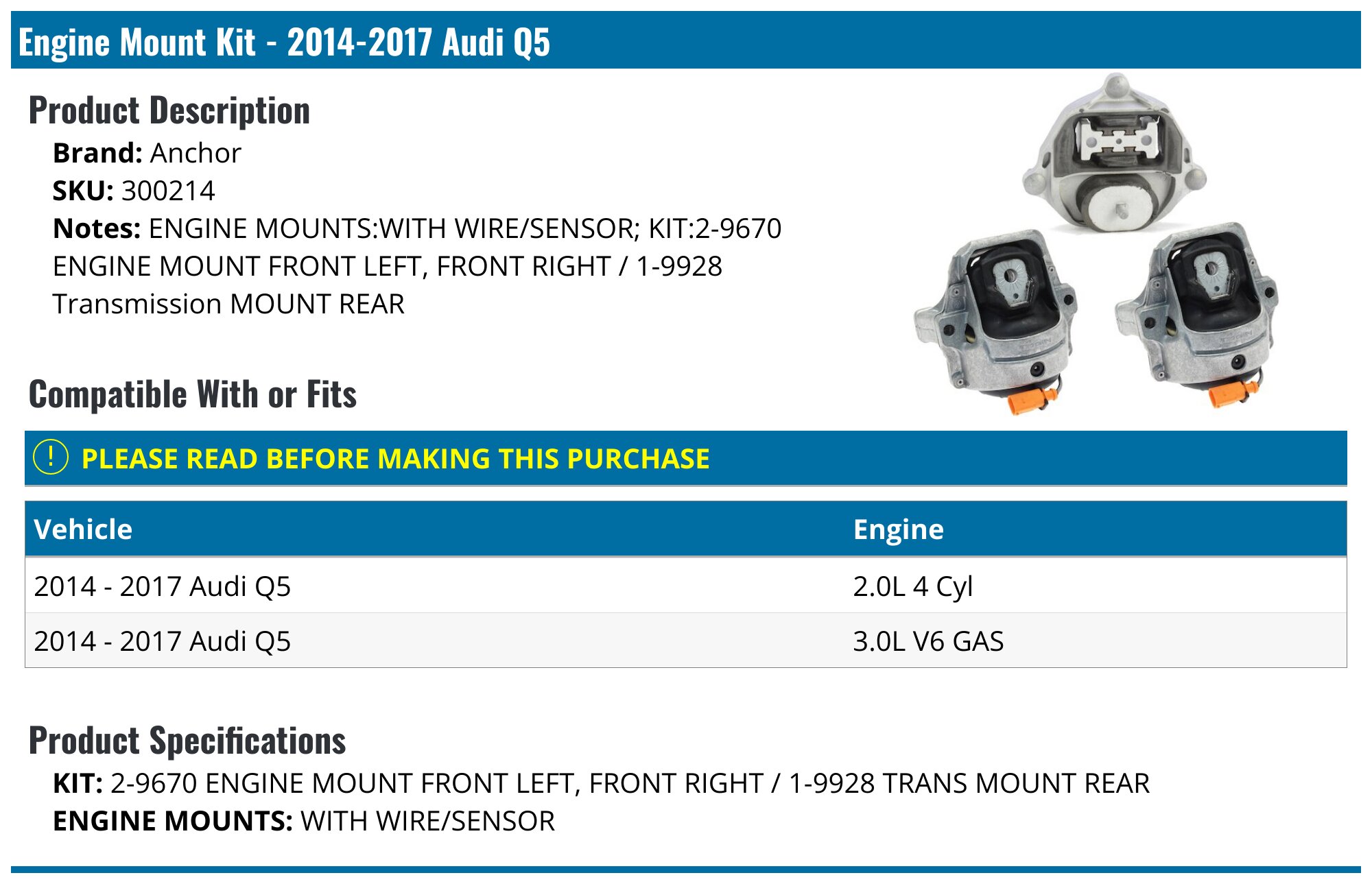 2014-2017 Audi Q5 Engine Mount - Anchor 300214 - PartsGeek.com