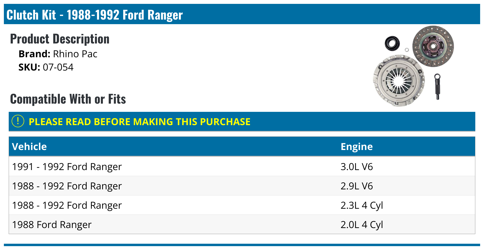 1988-1992 Ford Ranger Clutch Kit - Rhino Pac 07-054 - PartsGeek.com