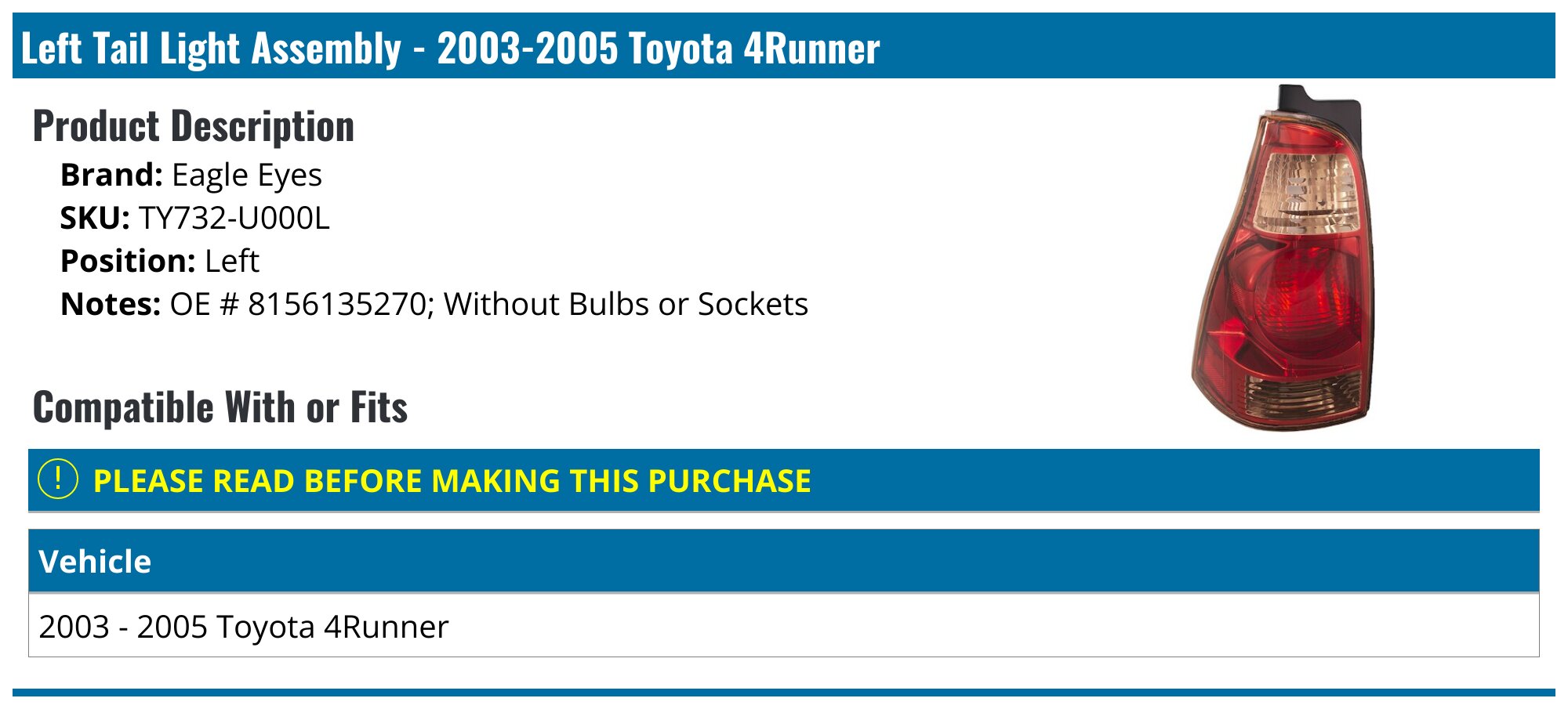 2003-2005 Toyota 4Runner Tail Light Assembly - Eagle Eyes TY732-U000L ...