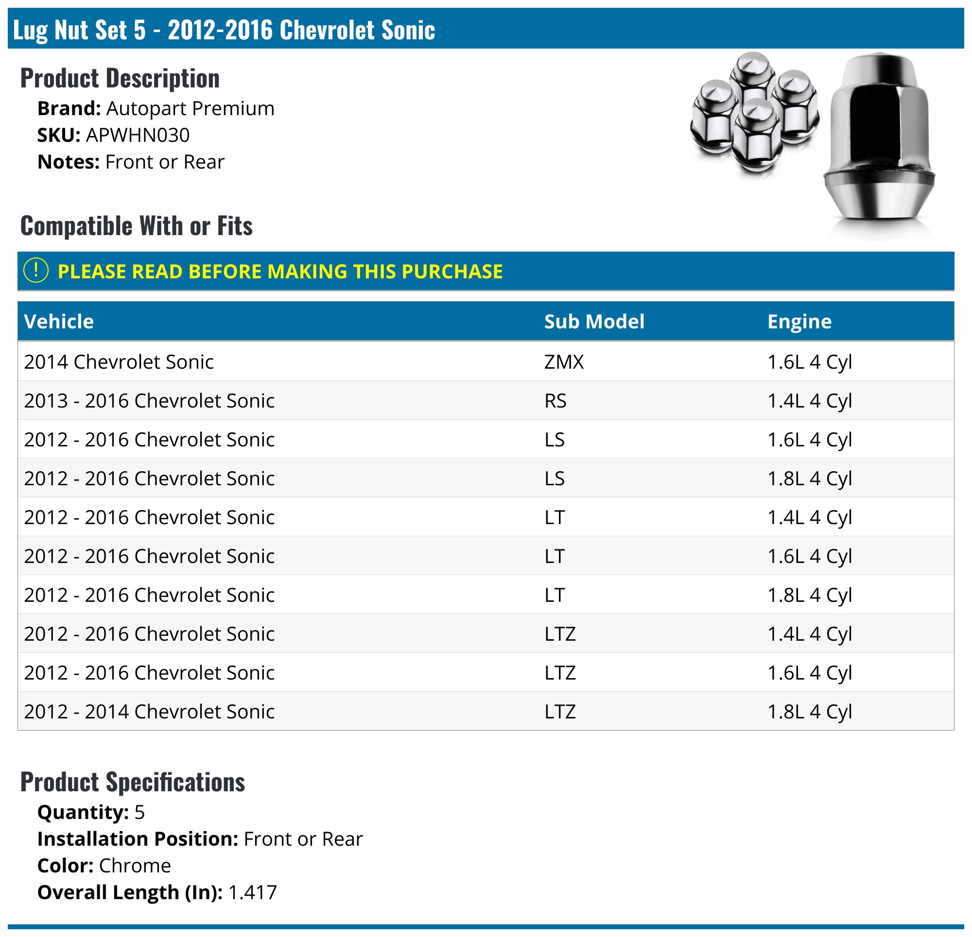 2012-2016 Chevrolet Sonic Lug Nut - Autopart Premium APWHN030 - Front ...