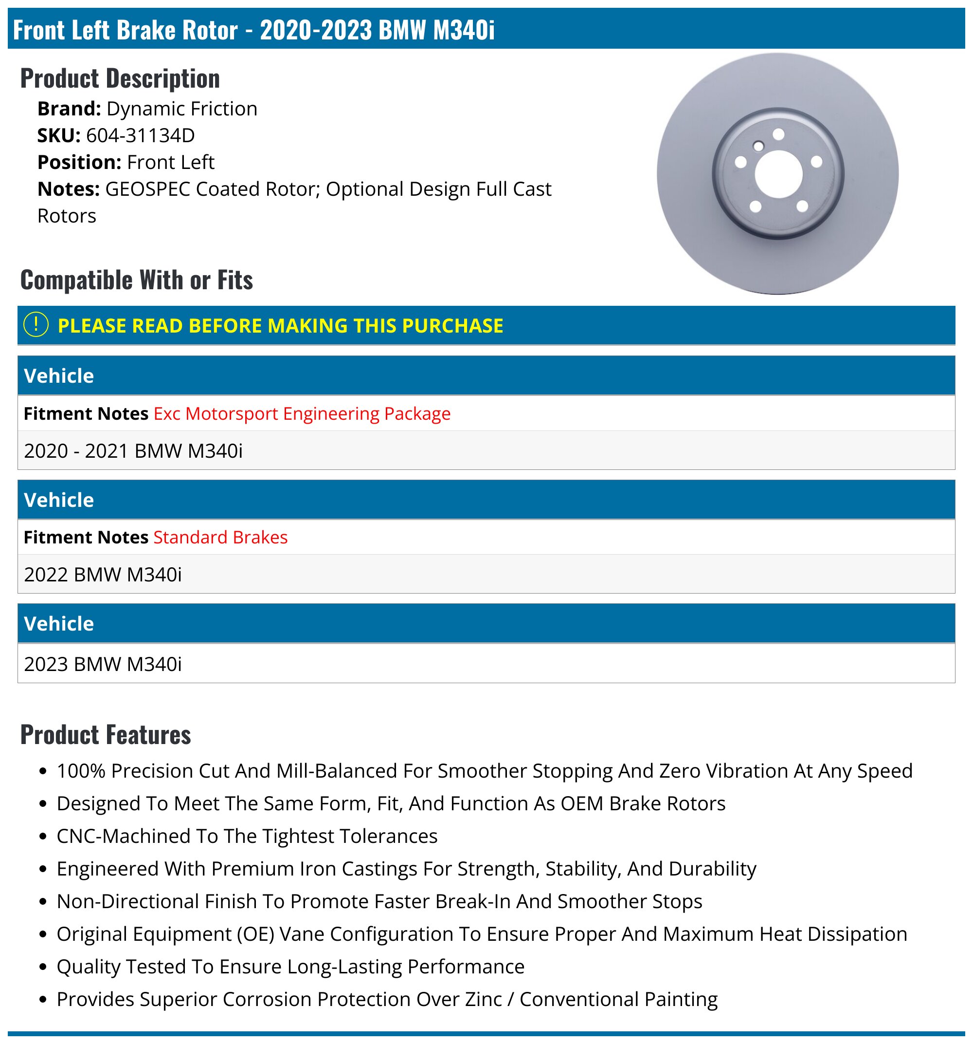 2020-2026 BMW M340i Brake Rotor - Dynamic Friction 604-31134D - Front ...