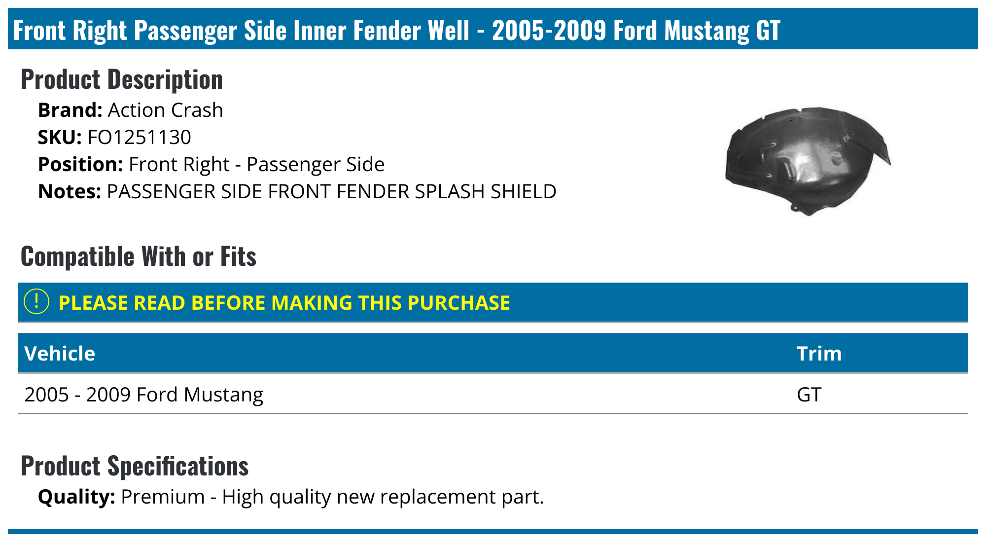 Inner Fender Well Liner - Wheel Well Liner Replacement | Parts Geek