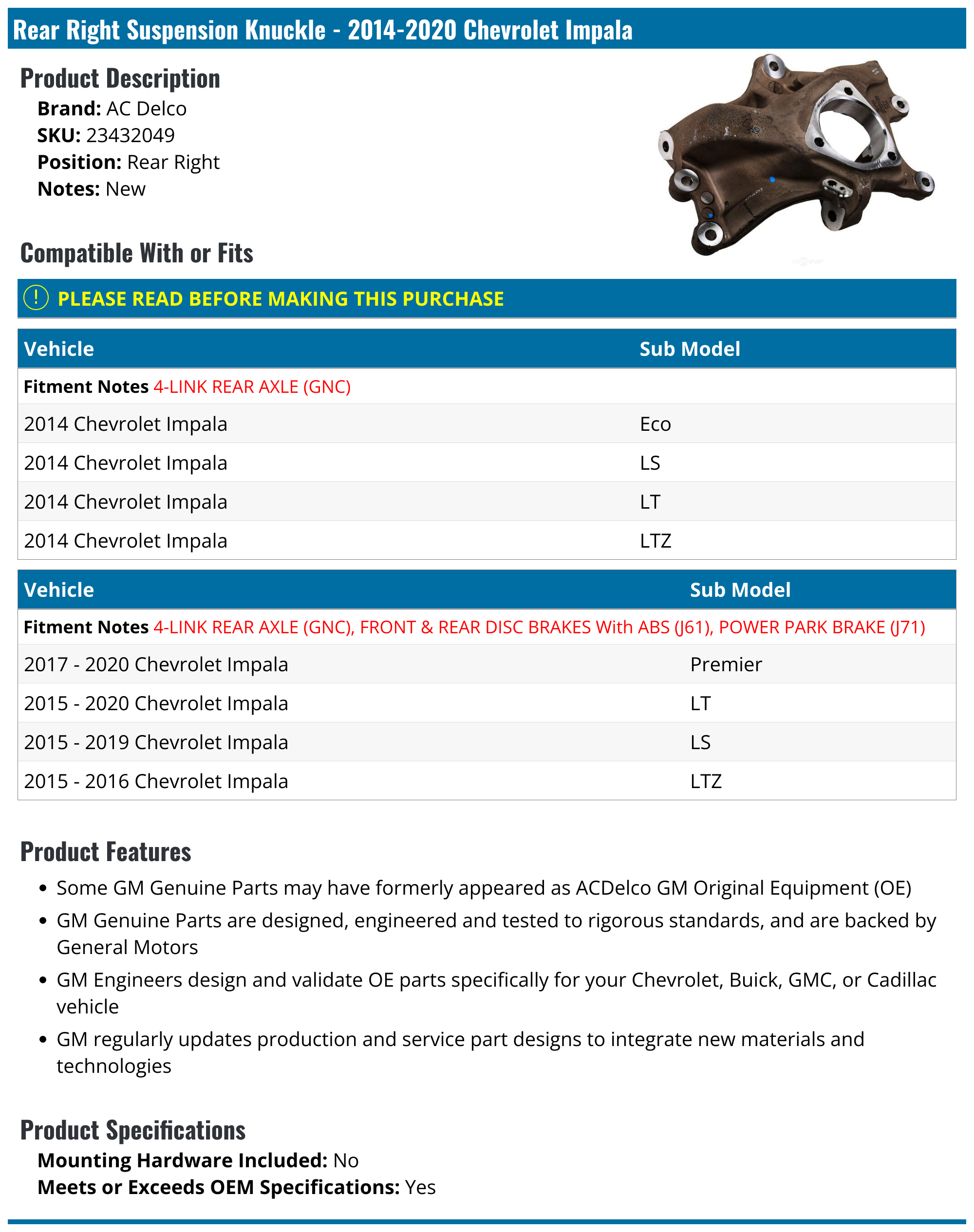 2014-2020 Chevrolet Impala Steering Knuckle - AC Delco 23432049 - Rear ...