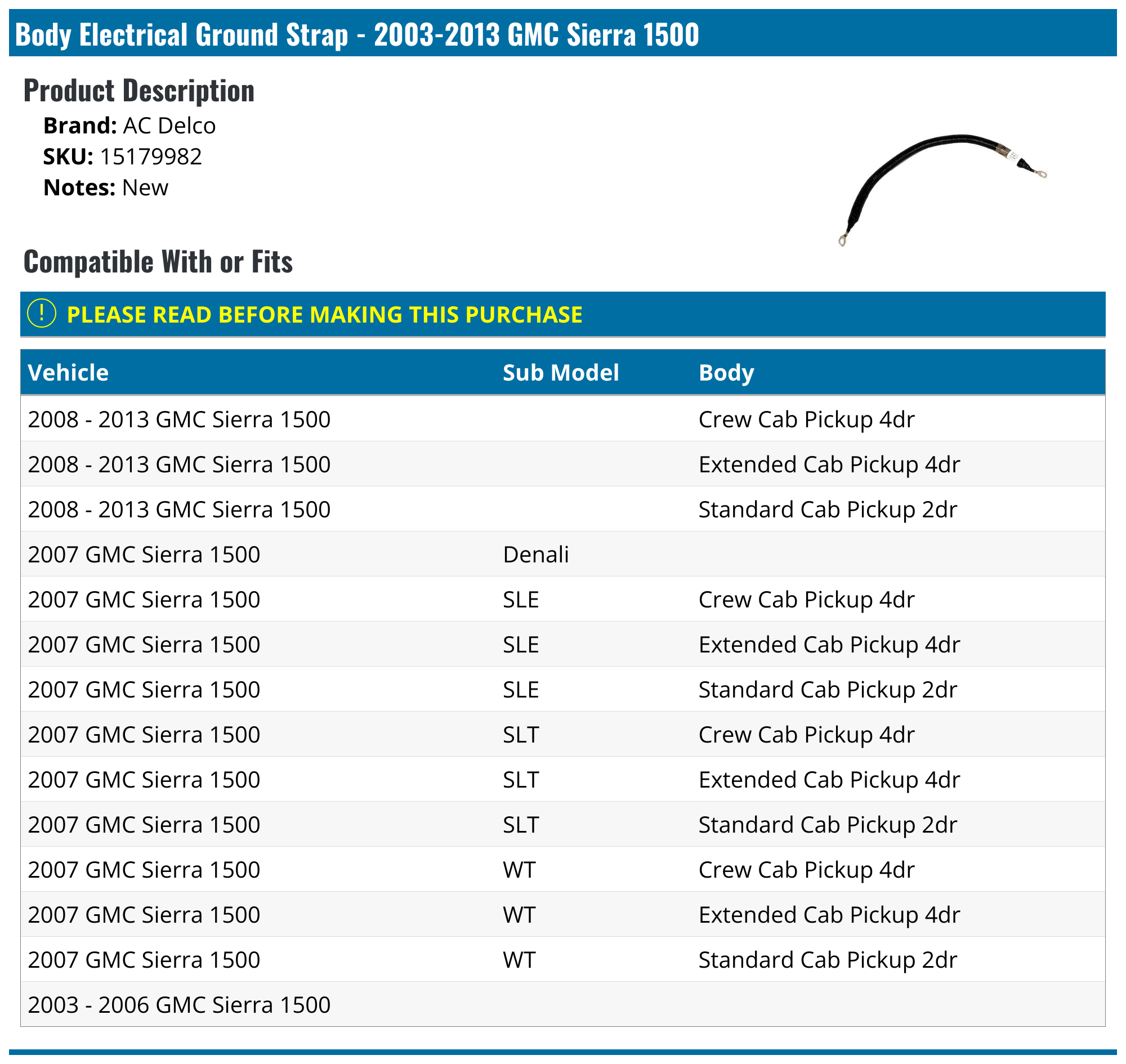 2003-2013 GMC Sierra 1500 Body Electrical Ground Strap - AC Delco ...