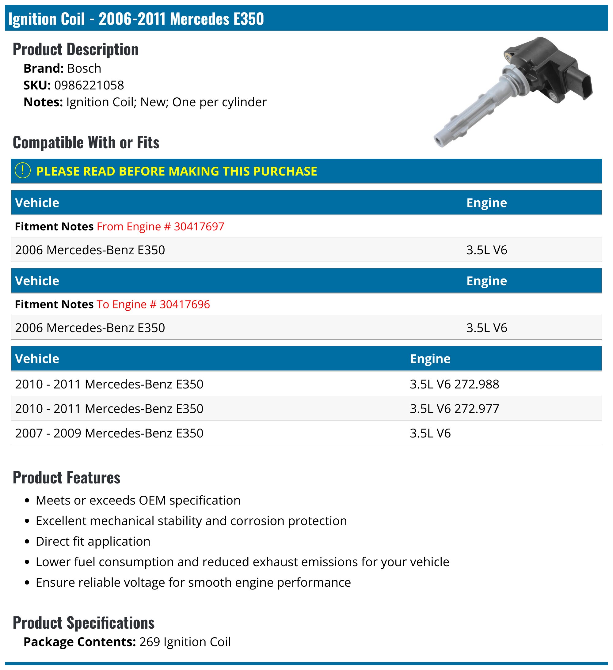 2006-2011 Mercedes E350 Ignition Coil - Bosch 0986221058 - PartsGeek.com