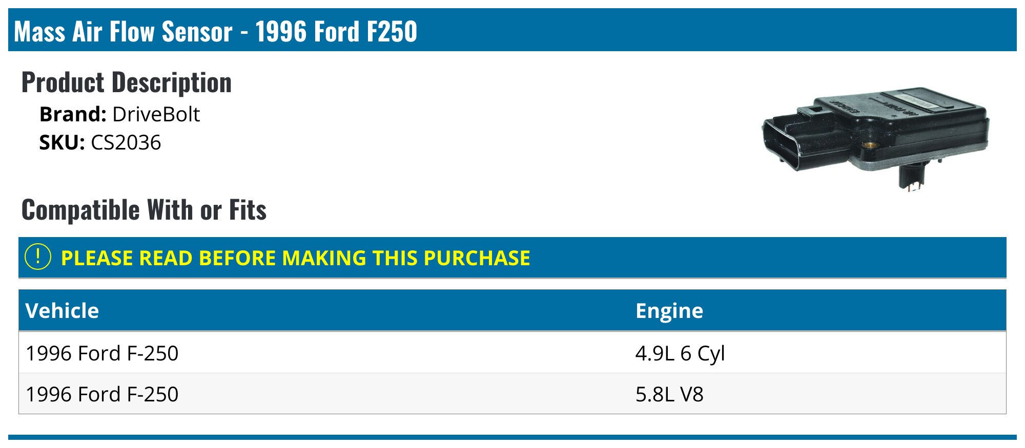 1996 Ford F250 Air Mass Sensor - DriveBolt CS2036 - PartsGeek.com