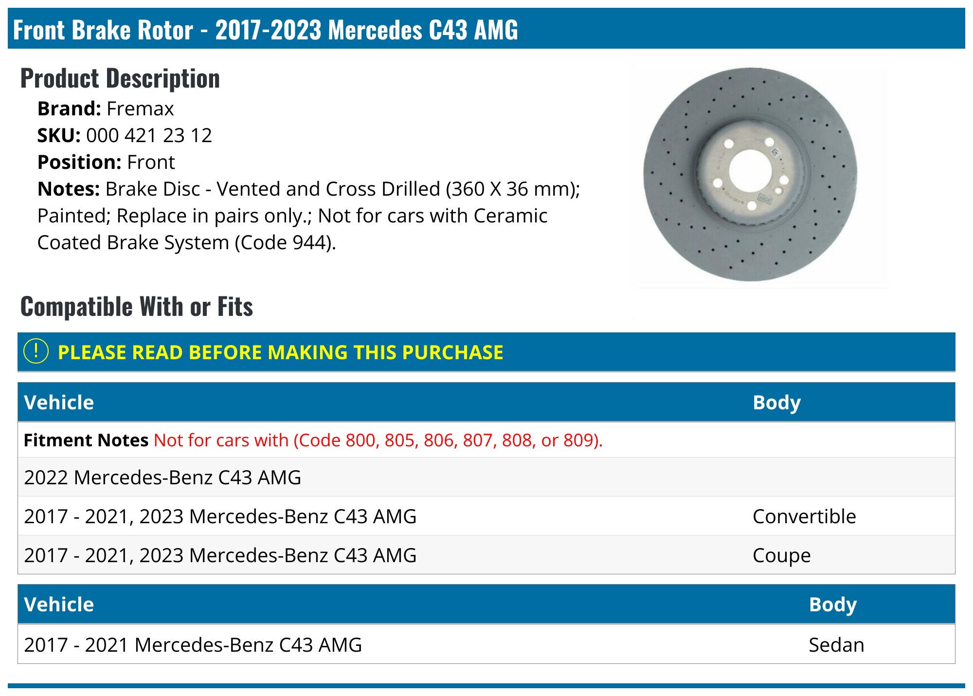 2017-2023 Mercedes C43 AMG Brake Rotor - Fremax 000 421 23 12 - Front ...