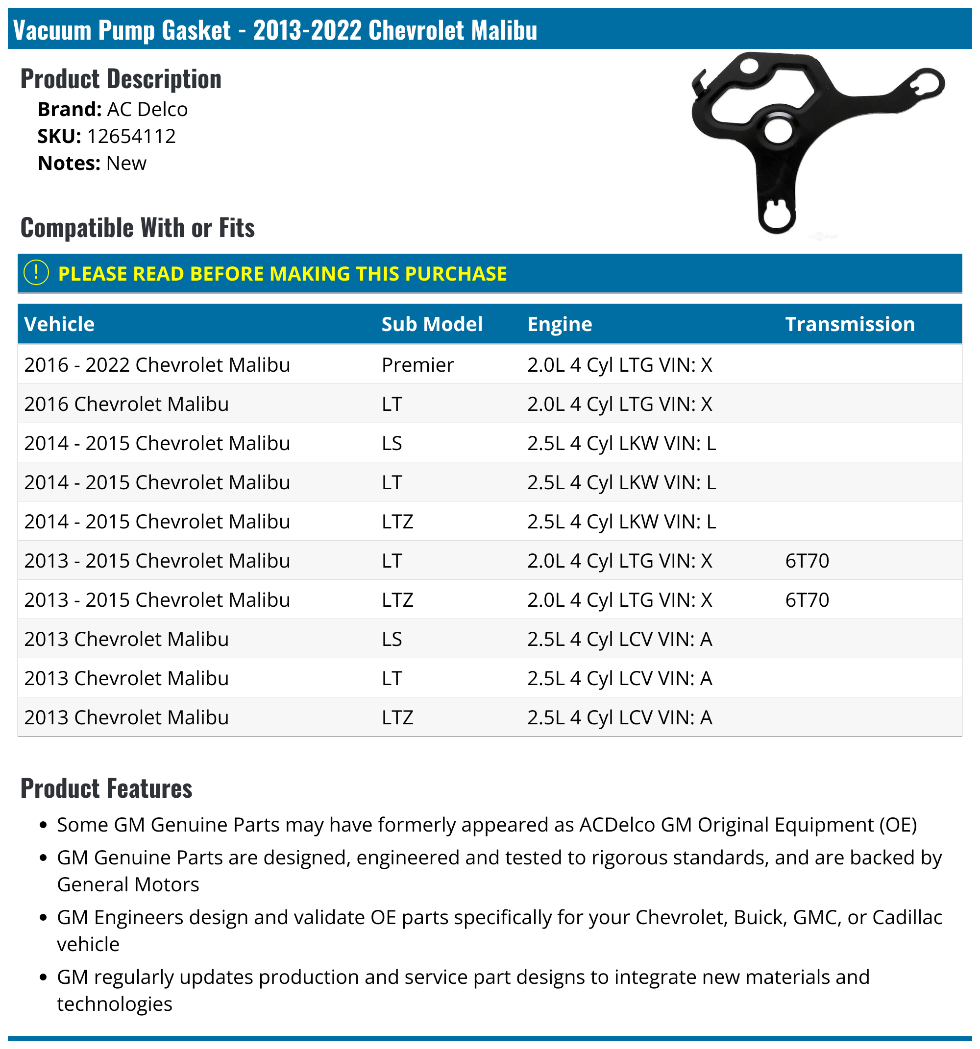 2013-2022 Chevrolet Malibu Vacuum Pump Gasket - AC Delco 12654112 ...