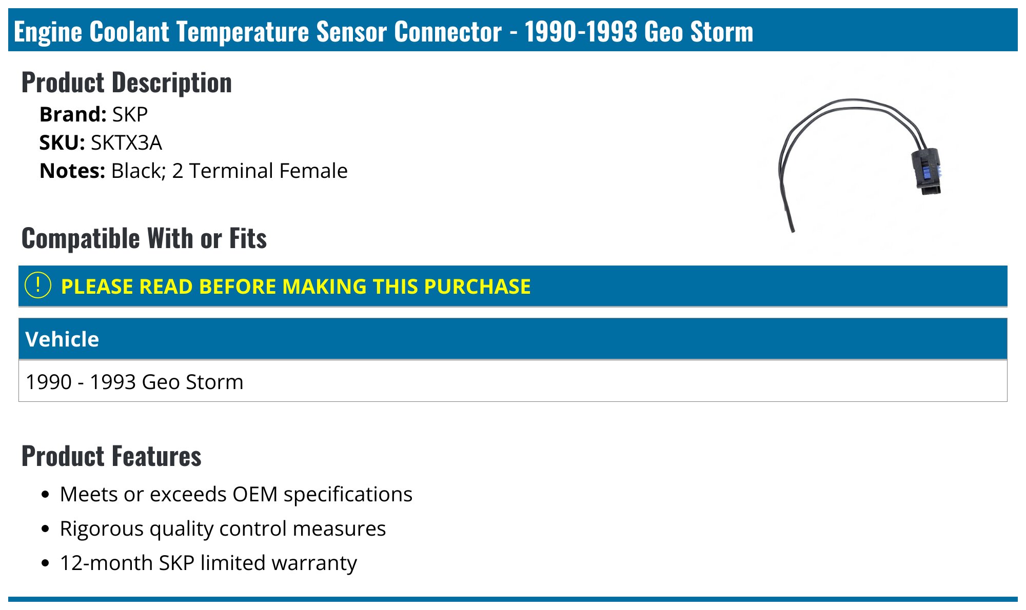 1990-1993 Geo Storm Engine Coolant Temperature Sensor Connector - SKP ...