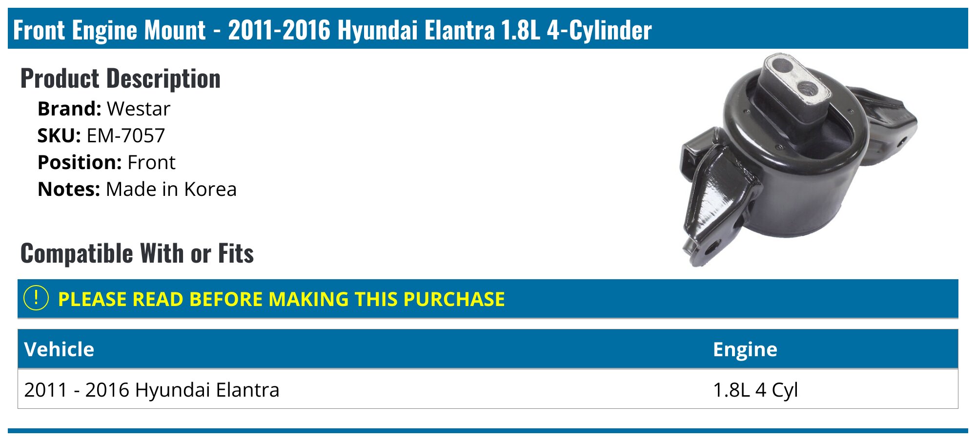 2011-2016 Hyundai Elantra Engine Mount - Westar EM-7057 - Front ...