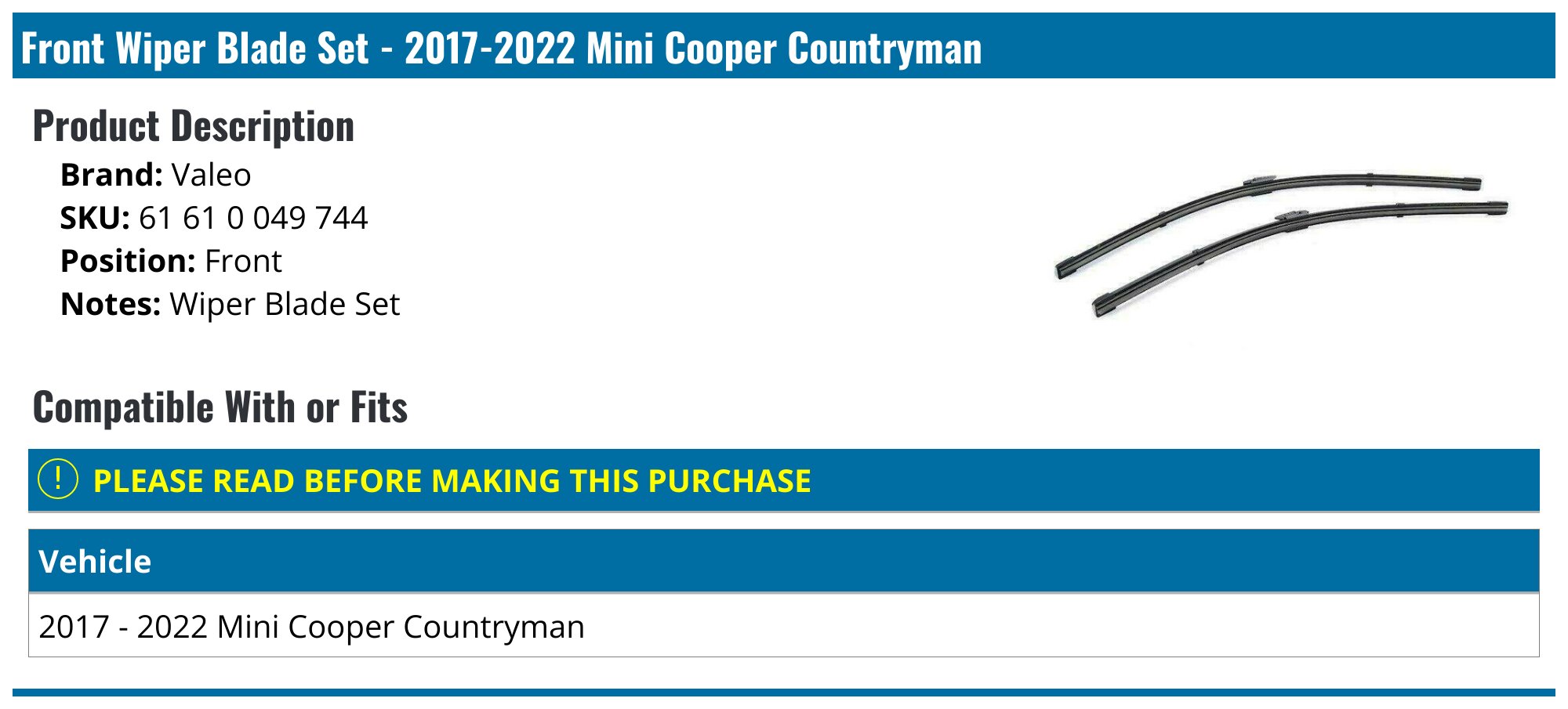 2017-2023 Mini Cooper Countryman Wiper Blade - Valeo 61 61 0 049 744 ...
