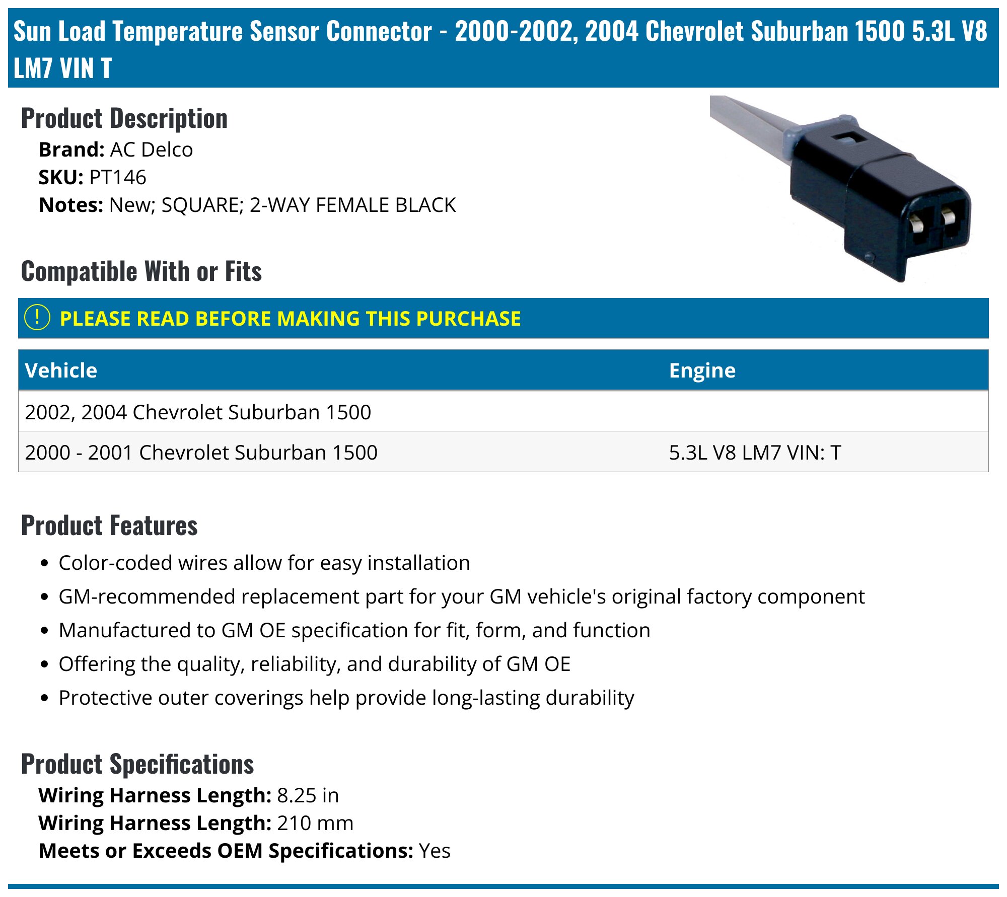 2000-2002, 2004 Chevrolet Suburban 1500 Sun Load Temperature Sensor ...