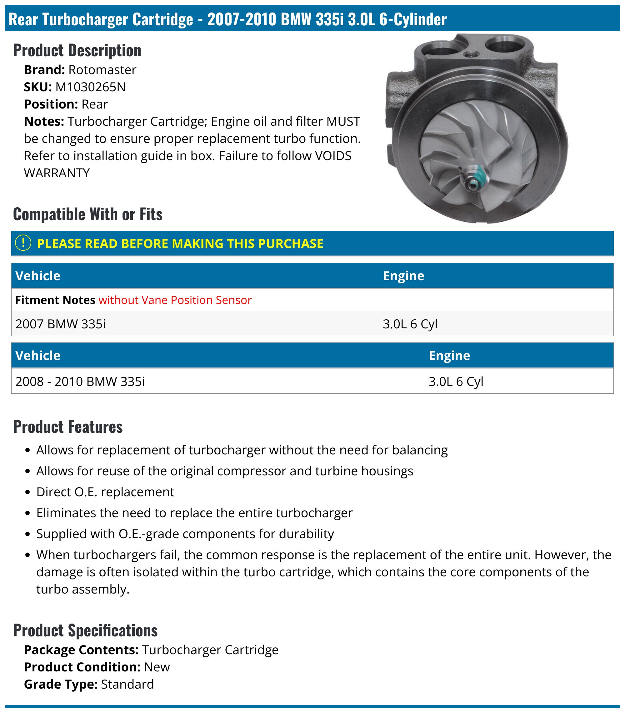 2007-2010 BMW 335i Turbocharger Cartridge - Rotomaster M1030265N - Rear ...