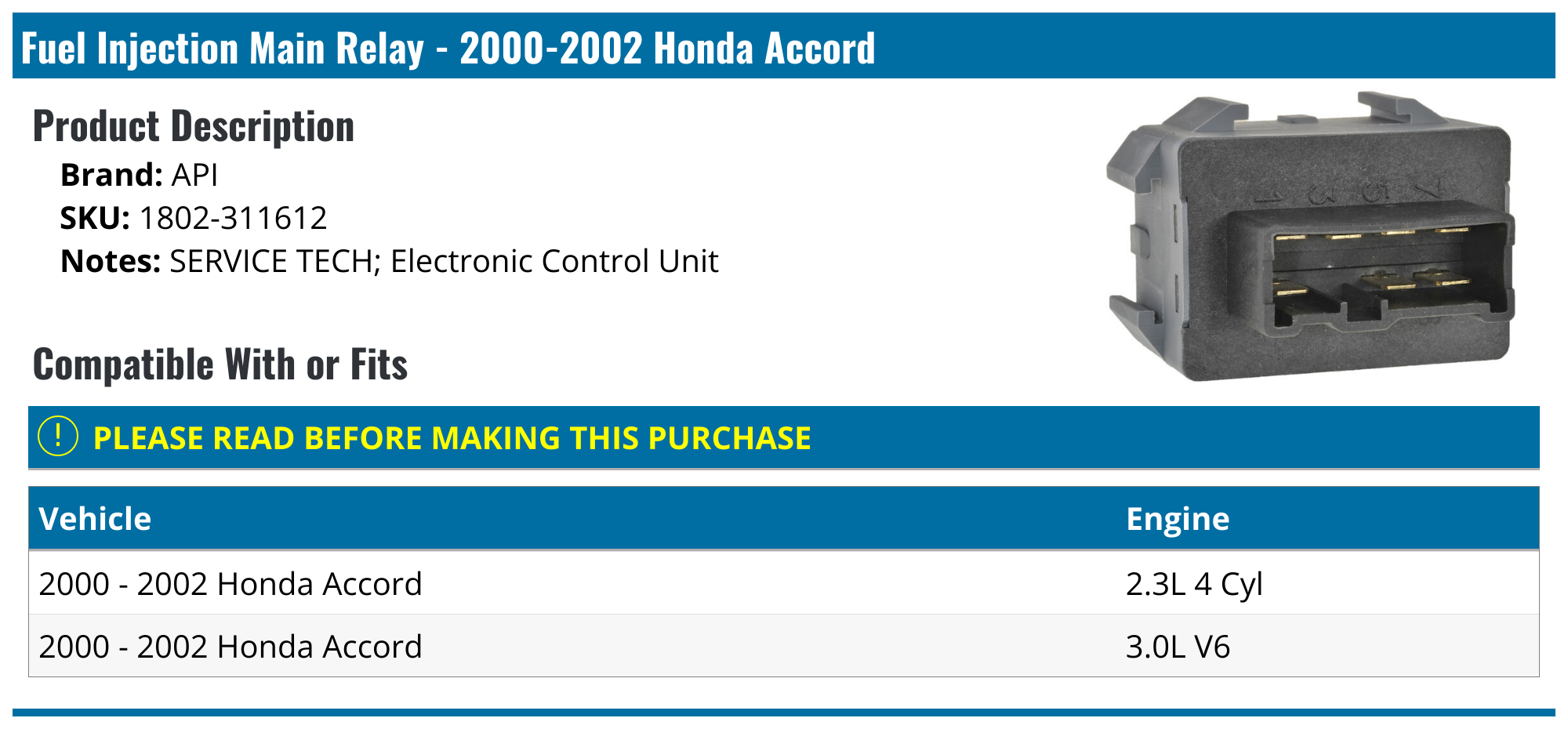 2000-2002 Honda Accord Fuel Injection Main Relay - API 5983-07446912 ...