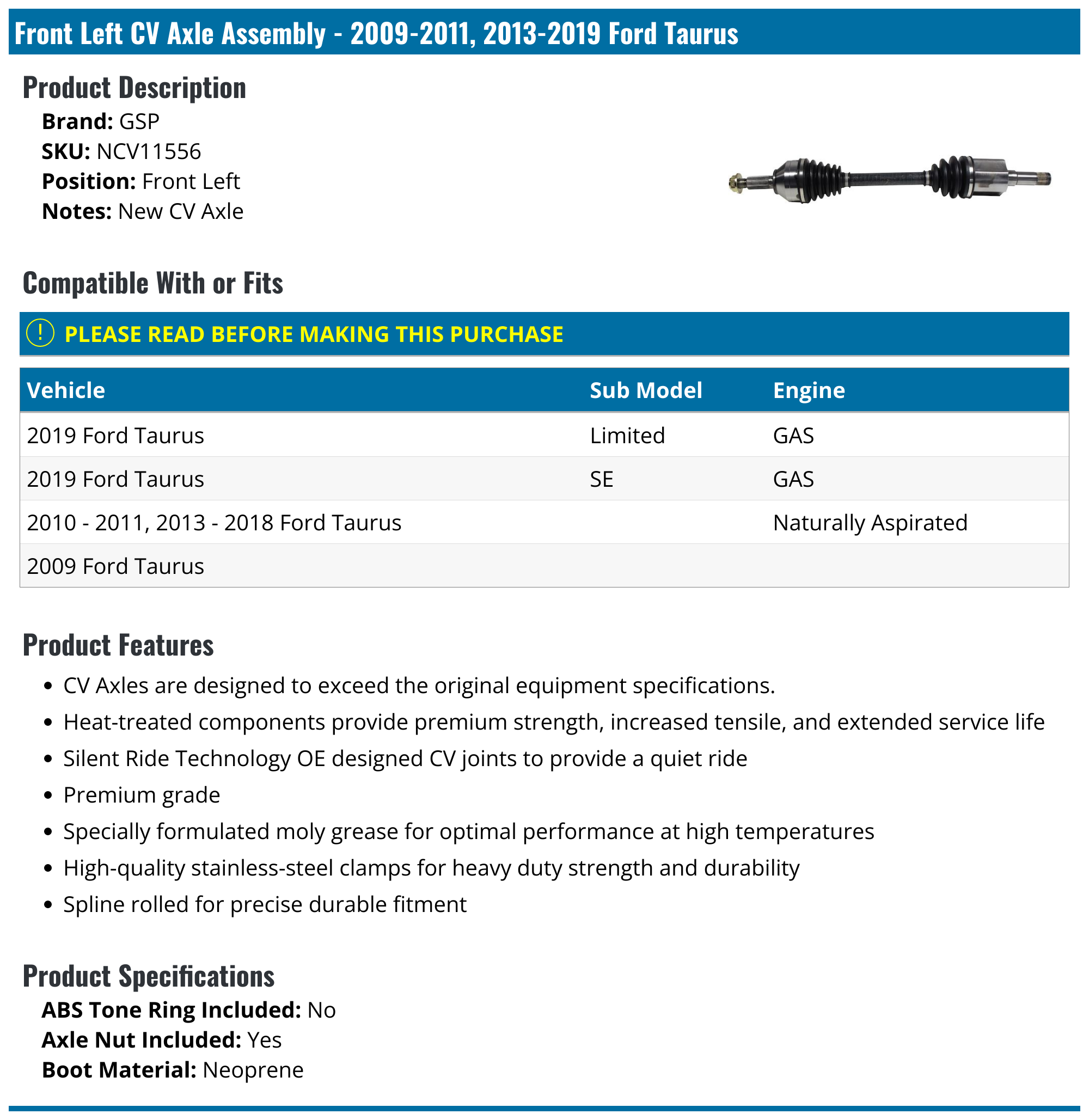 2009-2011, 2013-2019 Ford Taurus Axle Assembly - GSP NCV11556 - Front ...