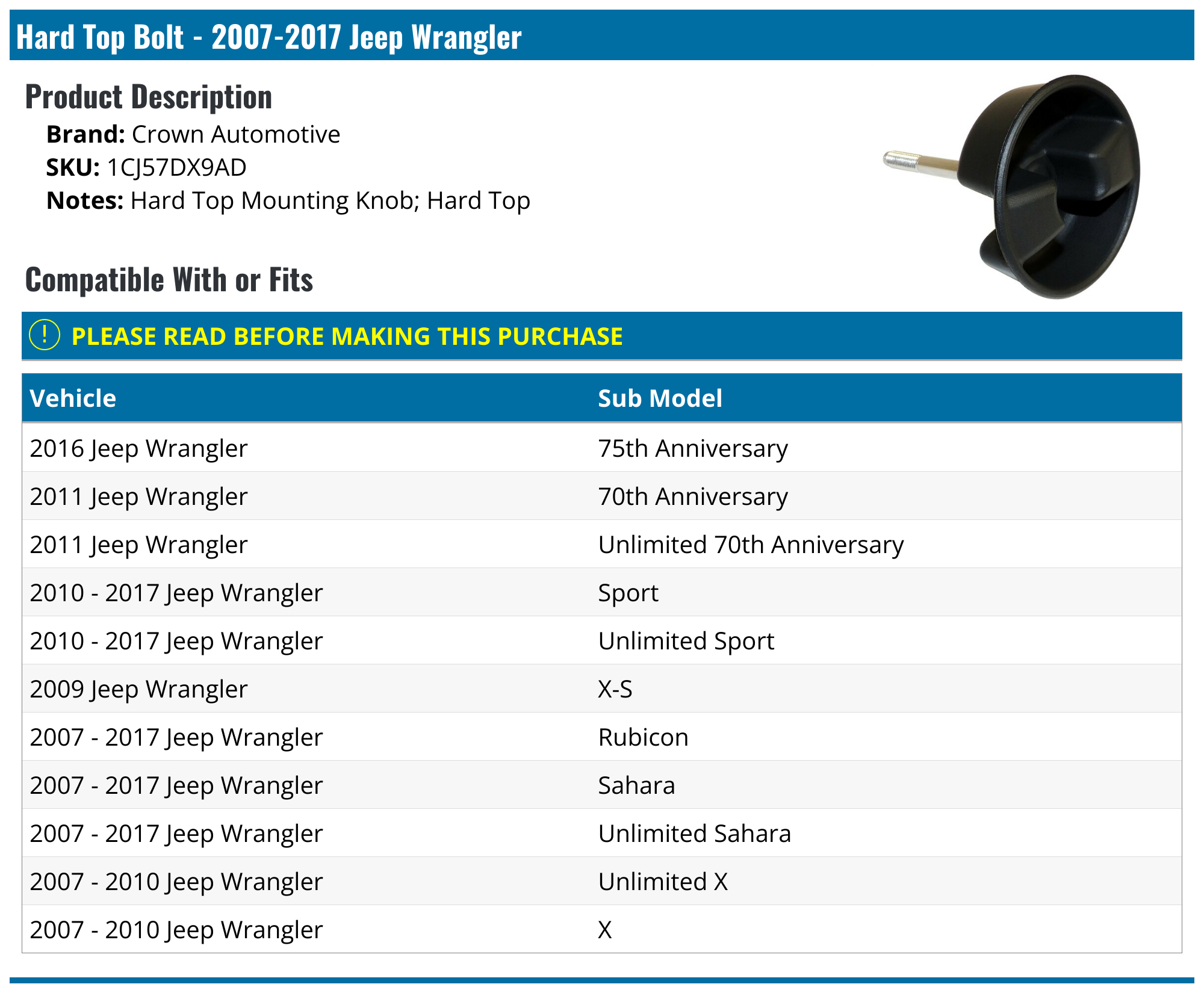 2007-2017 Jeep Wrangler Hard Top Bolt - Crown Automotive 1CJ57DX9AD ...