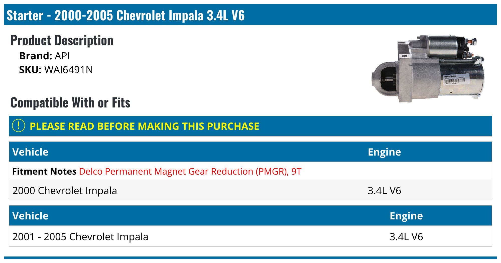 2000-2005 Chevrolet Impala Starter - API 3348-07136819 - - PartsGeek.com