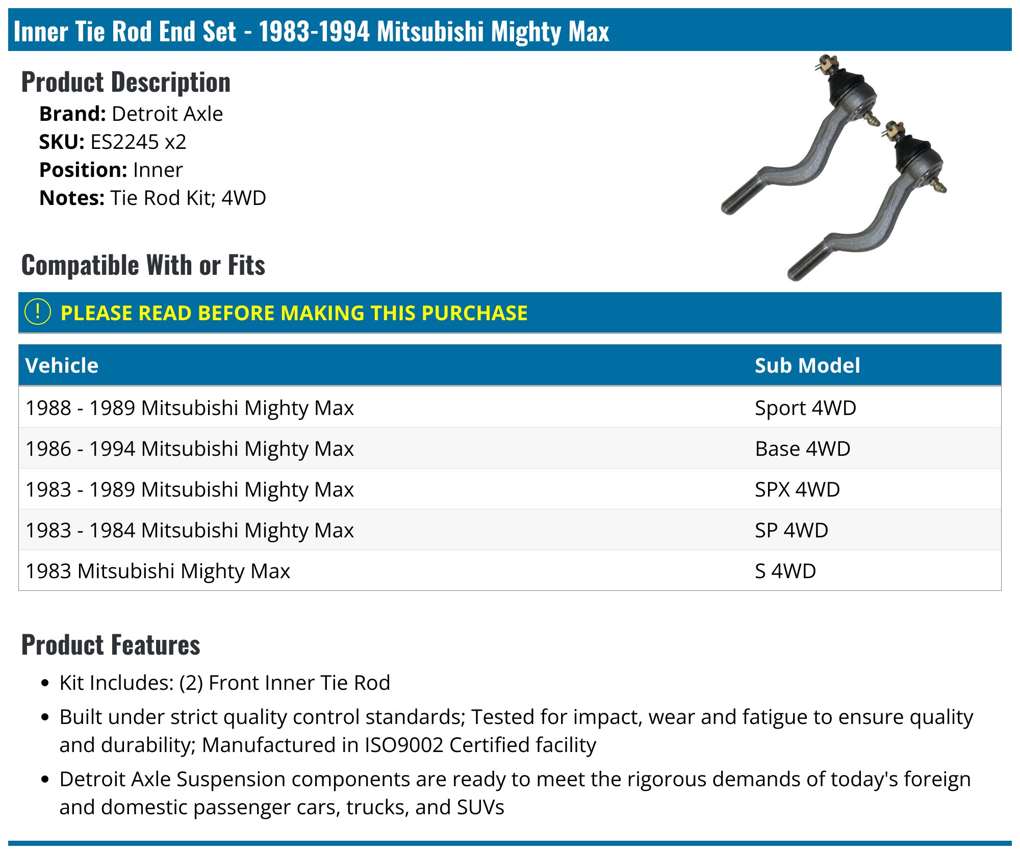 1983-1994 Mitsubishi Mighty Max Tie Rod End - Detroit Axle ES2245 x2 ...
