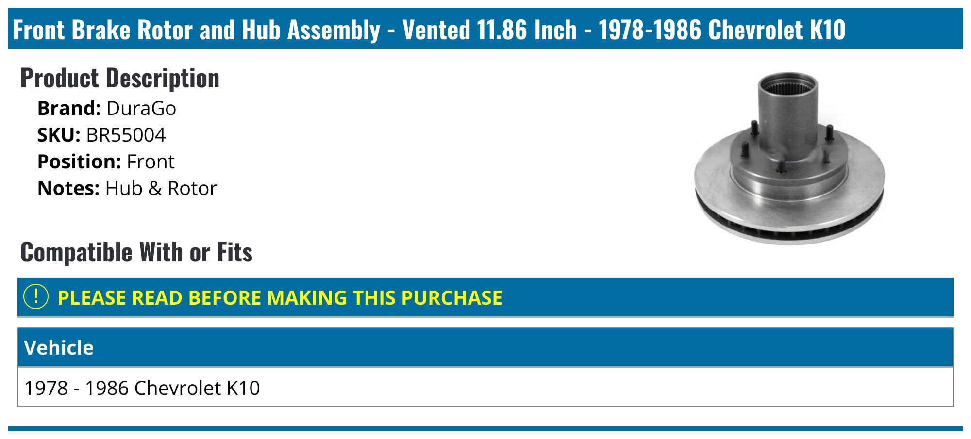 1978-1986 Chevrolet K10 Brake Rotor and Hub Assembly - DuraGo BR55004 ...