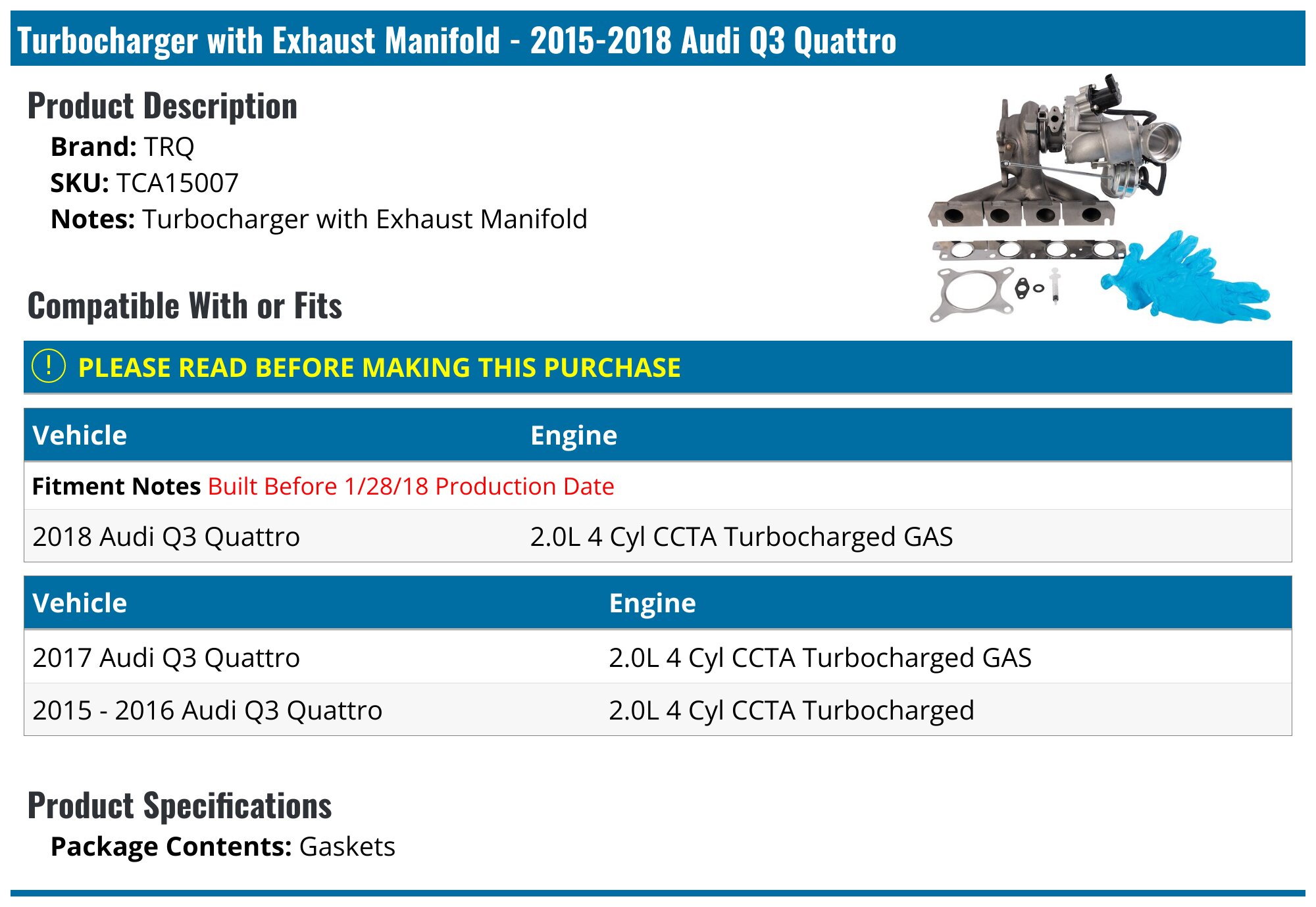 2015-2018 Audi Q3 Quattro Turbocharger - TRQ TCA15007 - PartsGeek.com