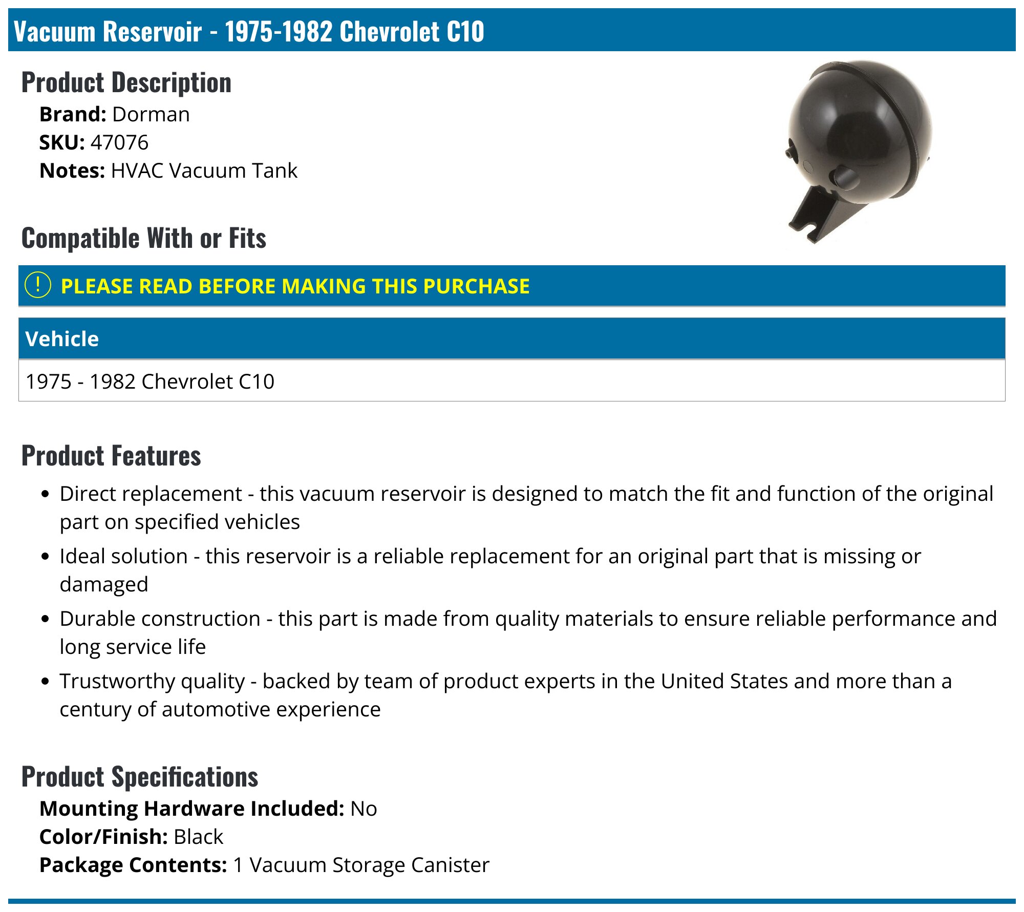 1975-1982 Chevrolet C10 Vacuum Reservoir - Dorman 47076 - PartsGeek.com