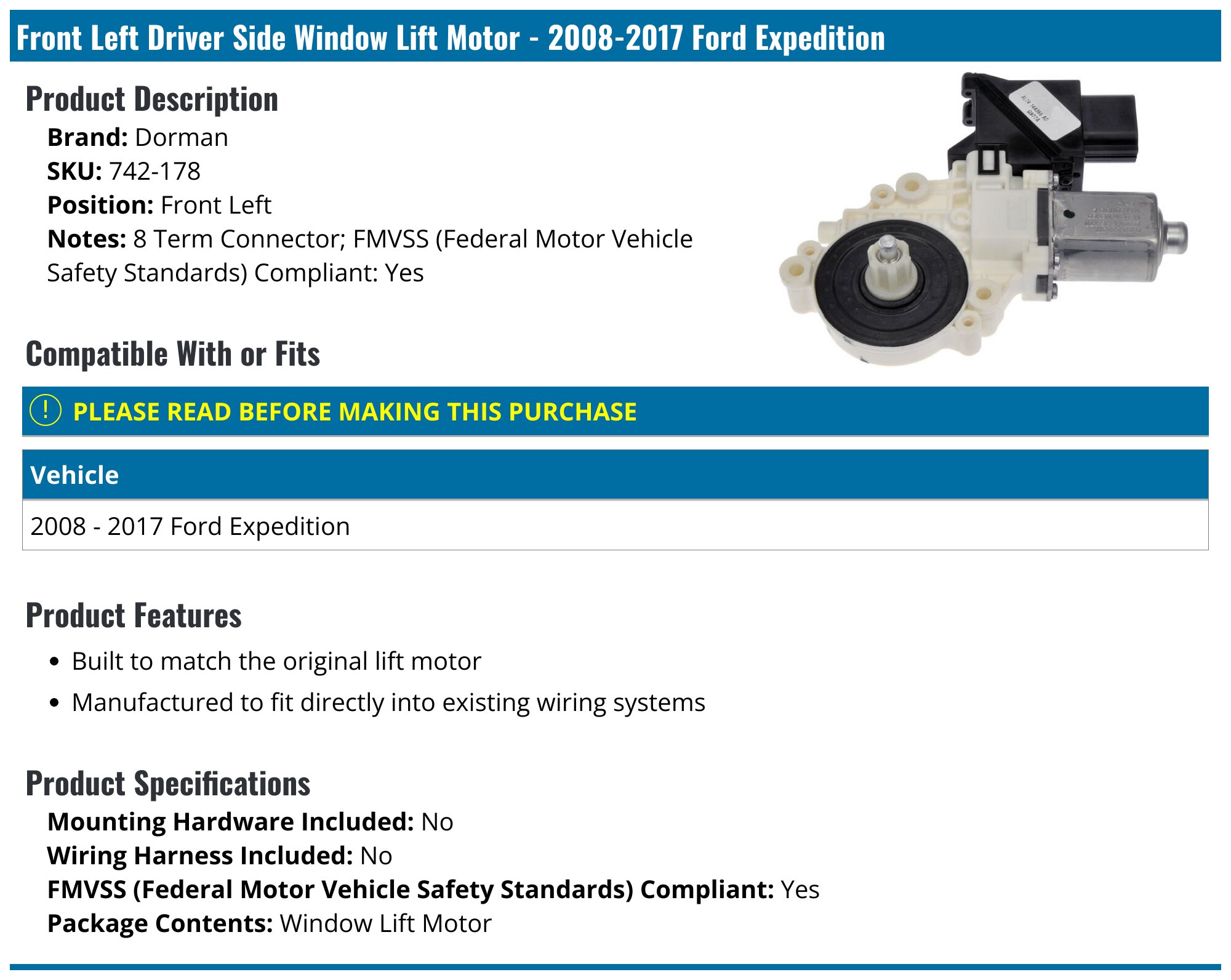 2008-2017 Ford Expedition Window Motor - Dorman 742-178 - Front Left ...