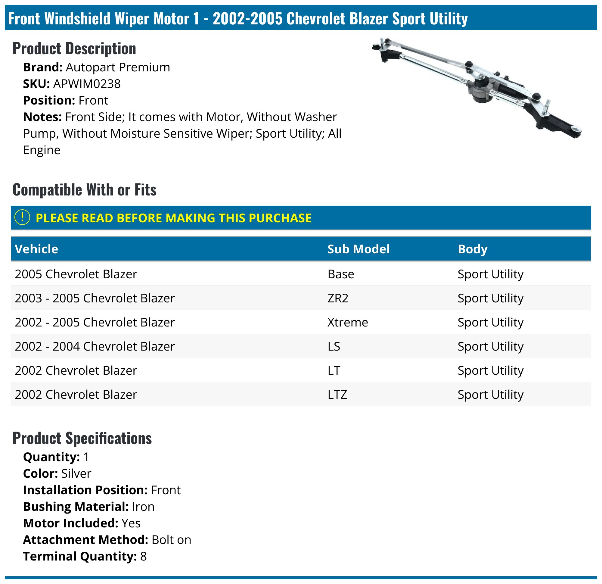 2002-2005 Chevrolet Blazer Windshield Wiper Motor - Autopart Premium ...