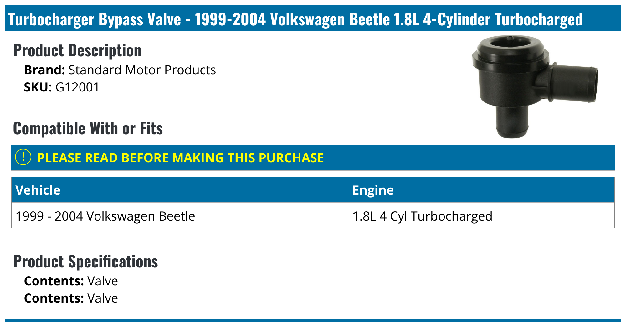 1999-2004 Volkswagen Beetle Turbocharger Bypass Valve - Standard Motor ...