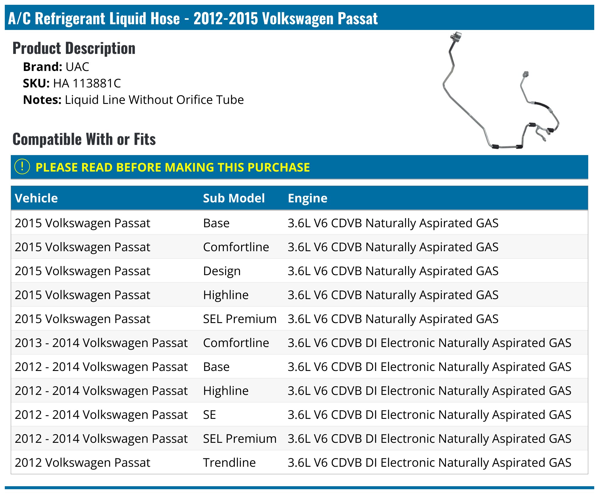 2012-2015 Volkswagen Passat A/C Hose - UAC HA 113881C - PartsGeek.com