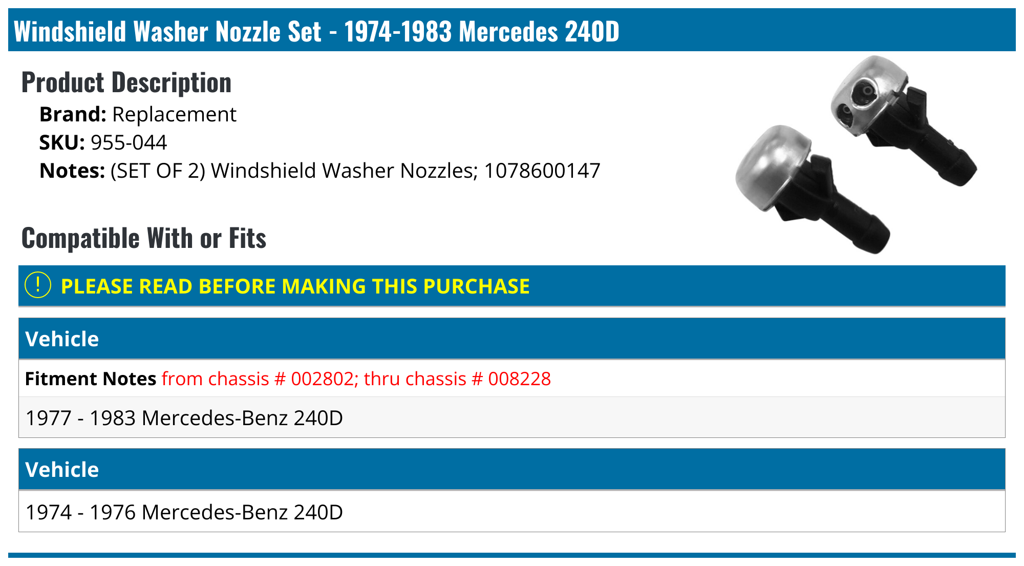 1974-1983 Mercedes 240D Windshield Washer Nozzle - Replacement 955-044 ...